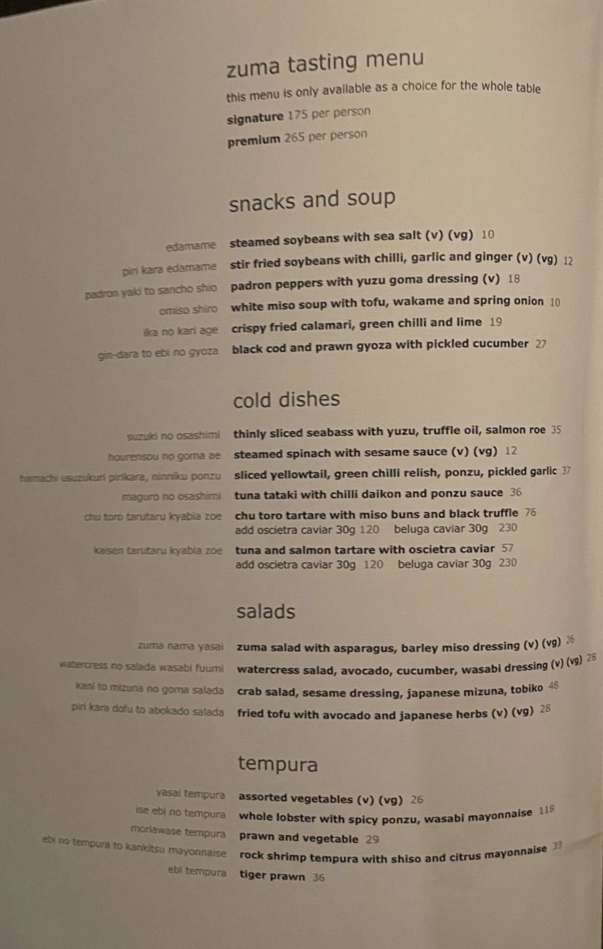 Menu at Zuma Mykonos, Mikonos
