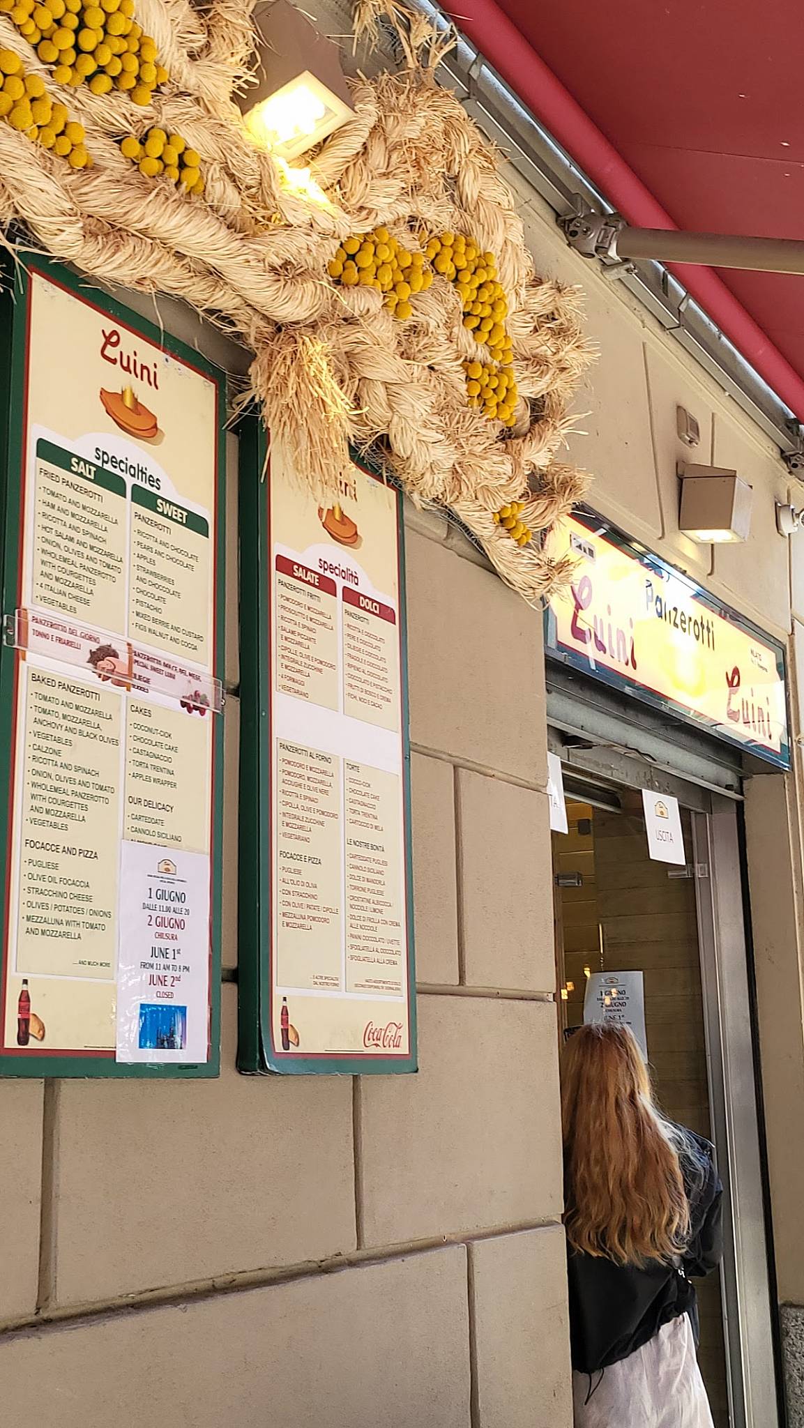 Menu at Panzerotti Luini fast food, Milan
