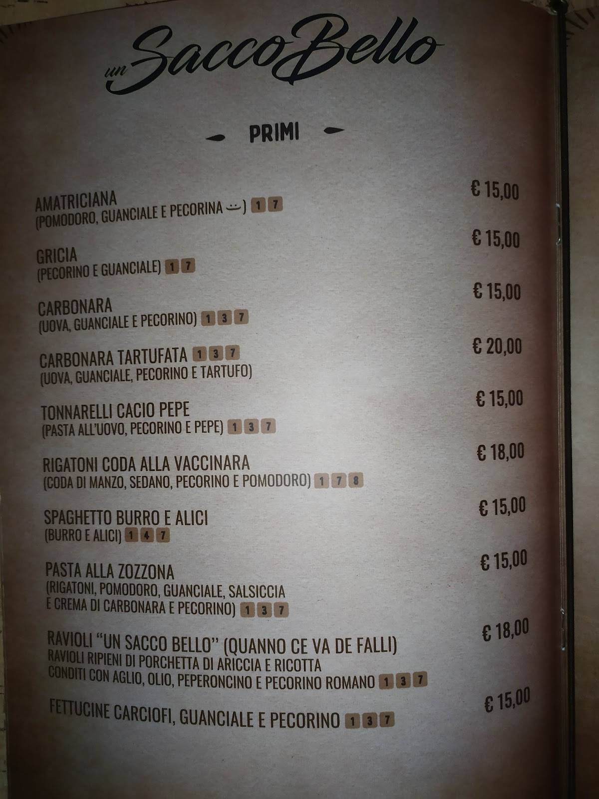 Menu da Un Sacco Bello ristorante, Milano