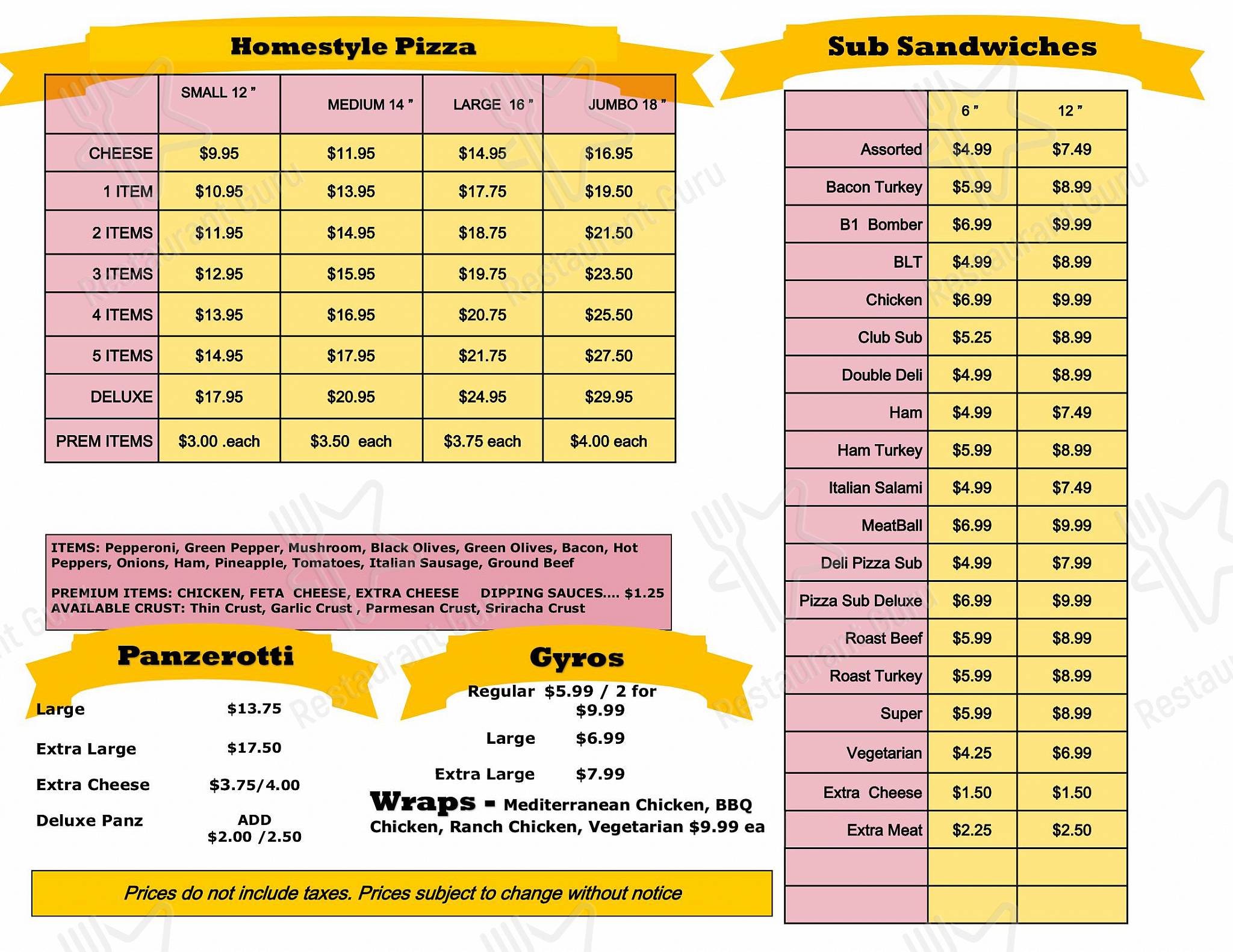 Menu at Milano's Pizza Sarnia pizzeria, Sarnia