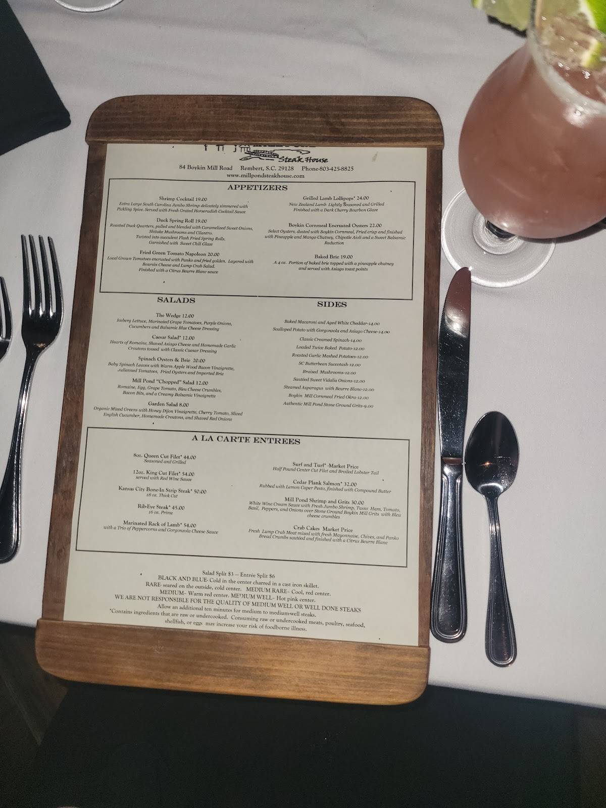 Menu at Mill Pond Steakhouse, Rembert