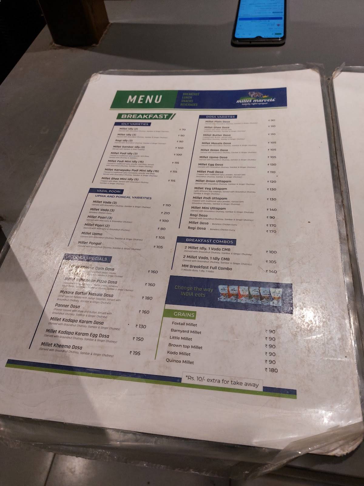 Menu at Millet Marvels, India, Kapil Towers