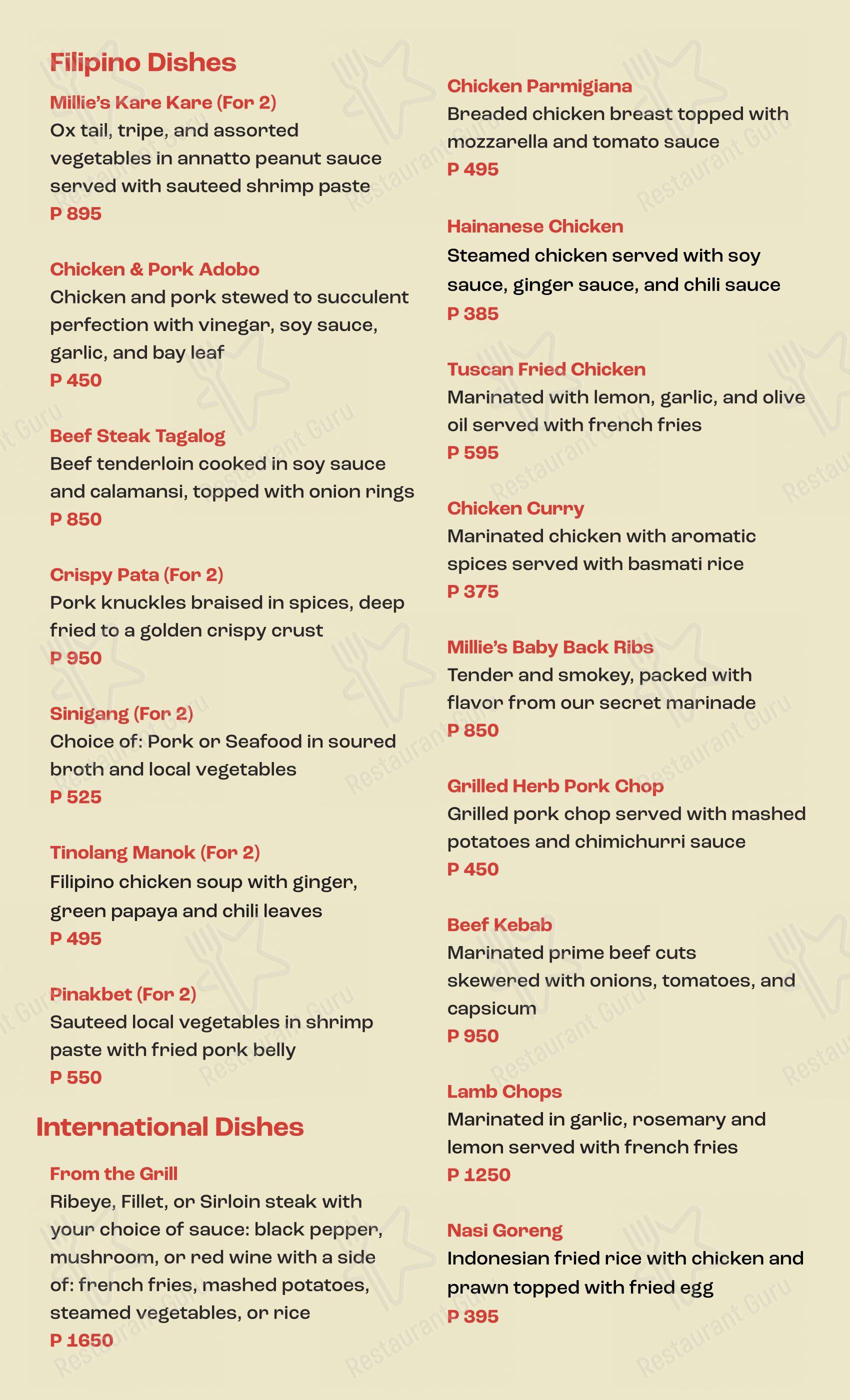Menu at Millie's All day Dining restaurant, Quezon City