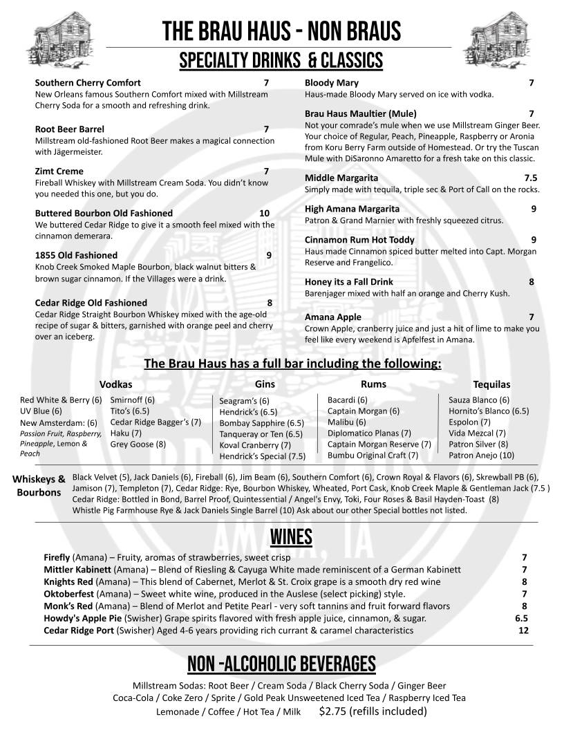 Menu at Millstream Brau Haus restaurant, Amana