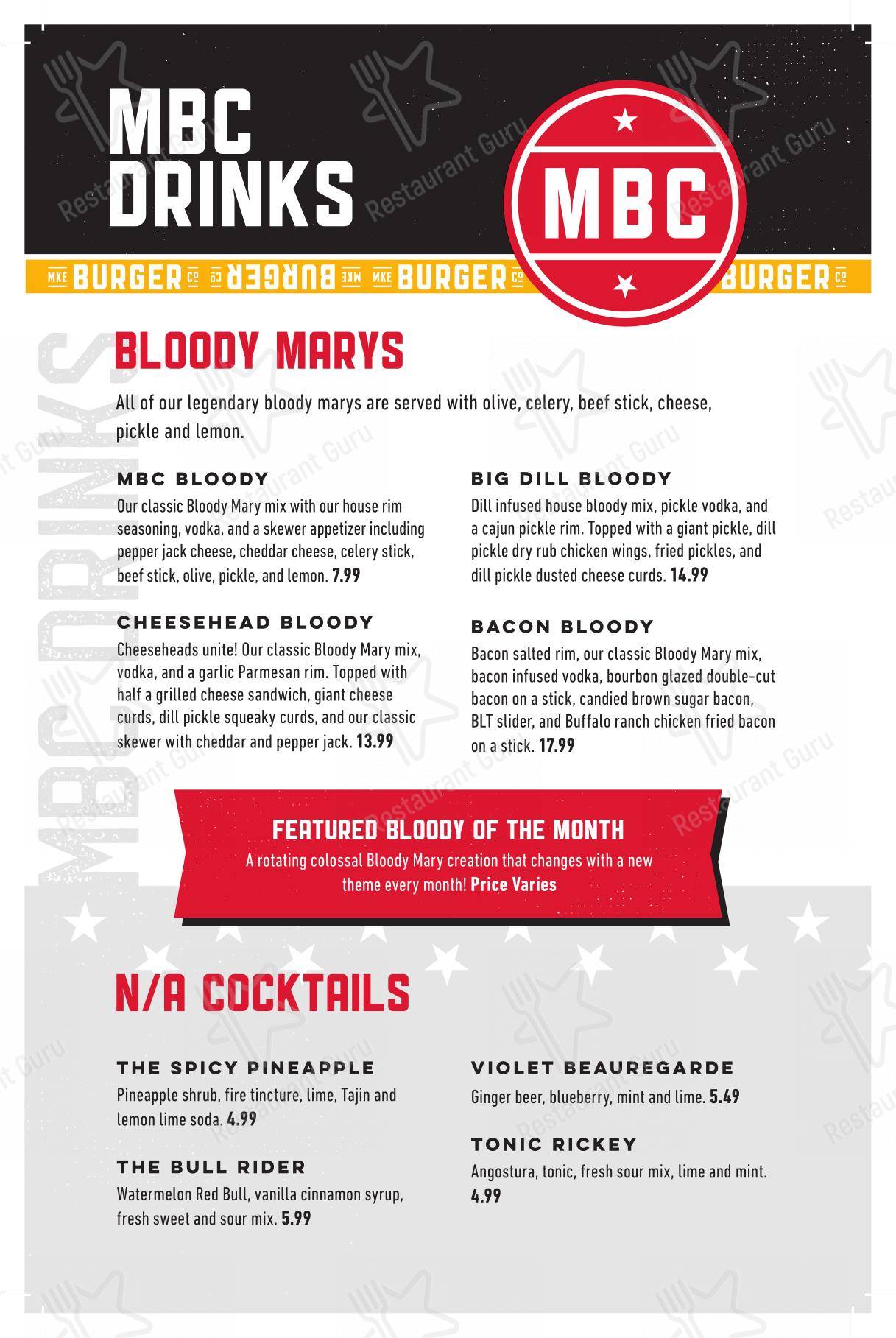 Menu at Milwaukee Burger Company restaurant, Hudson