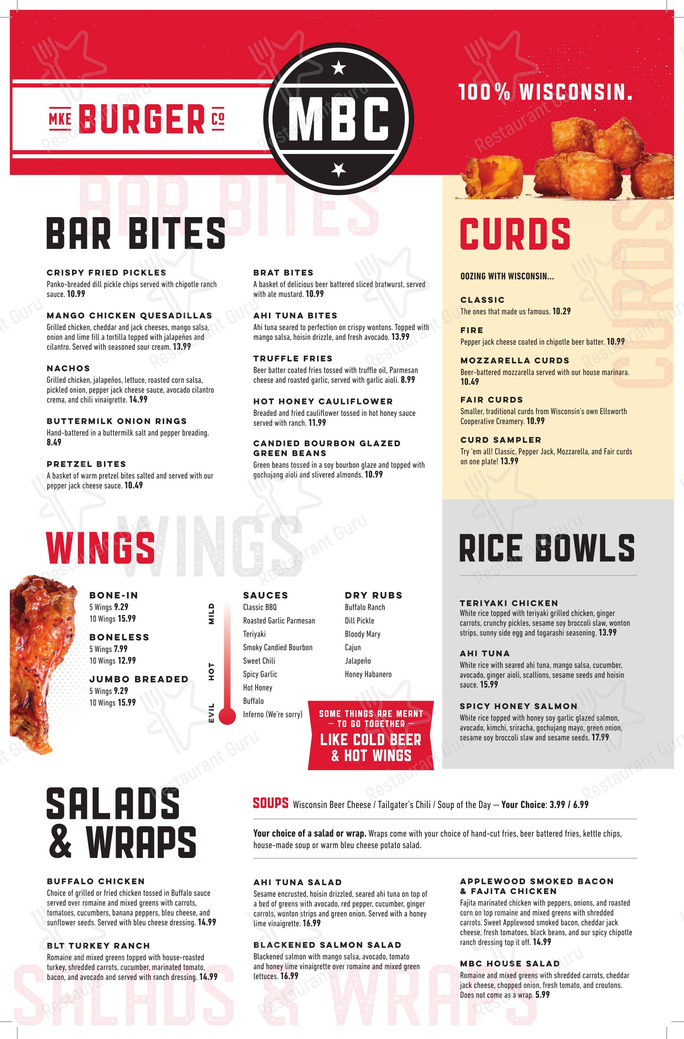 Menu at Milwaukee Burger Company restaurant, Hudson