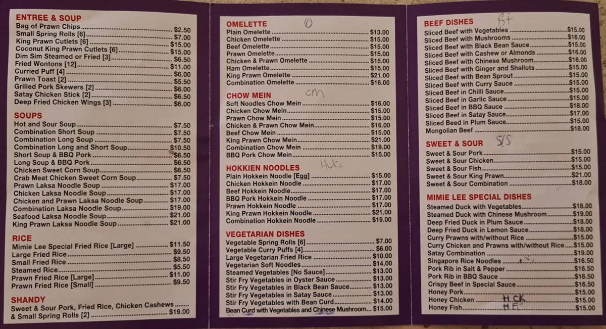 Menu at Mimie Lee fast food, Brassall