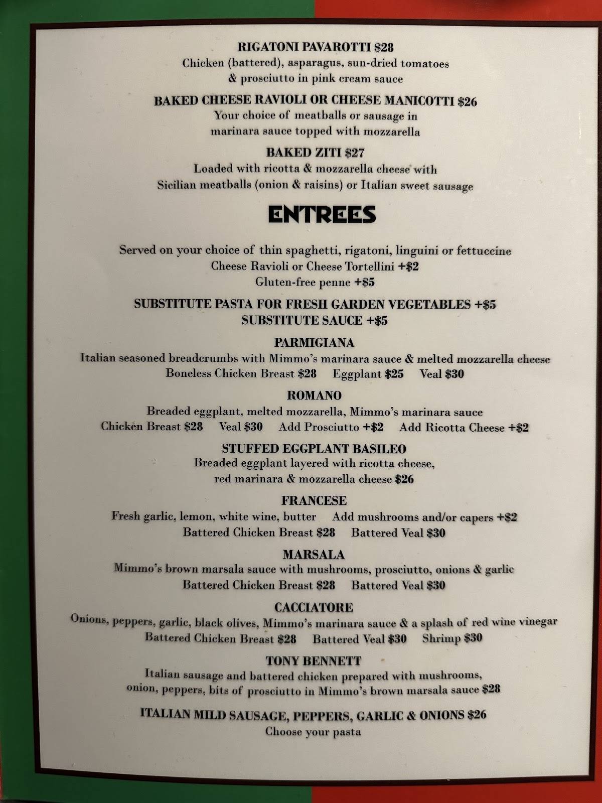 Menu at Mimmo's Italian Restaurant, York, 243 Long Beach Ave