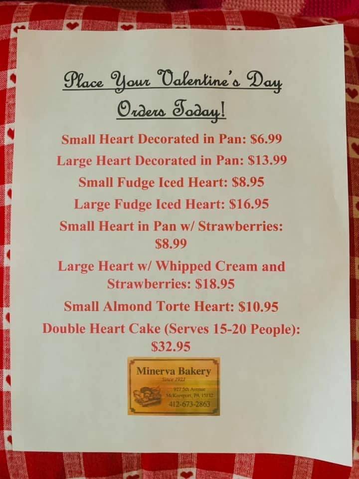 Menu at Minerva Bakery, McKeesport