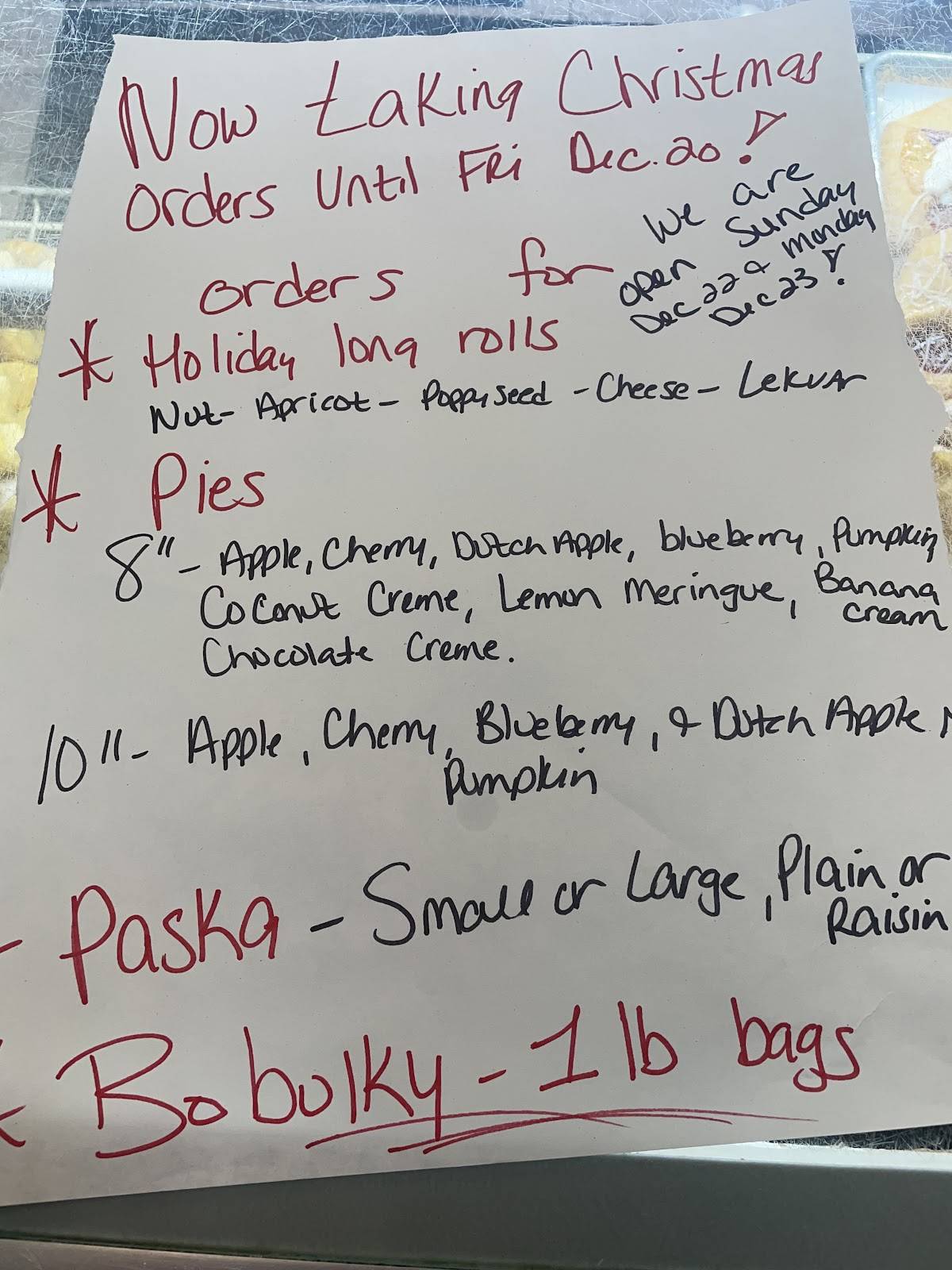 Menu at Minerva Bakery, McKeesport