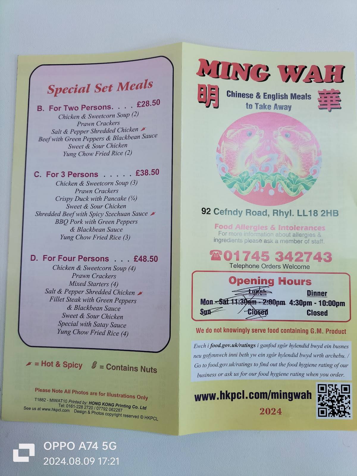 Menu at Ming Wah Fish Bar, Rhyl