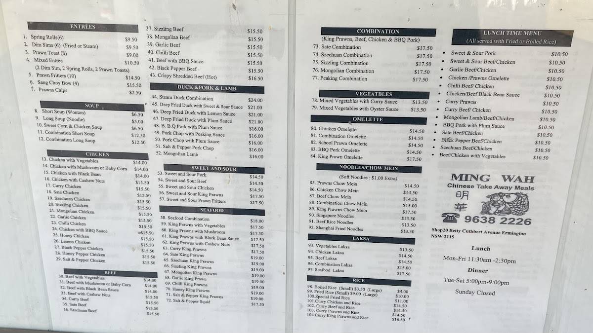 Menu at Ming Wah fast food, Ermington