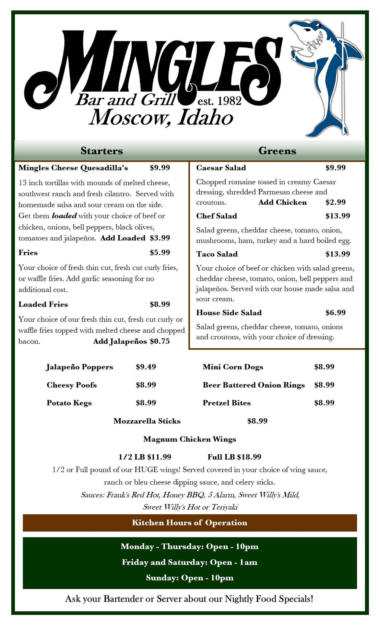Menu at Mingles Bar & Grill, Moscow