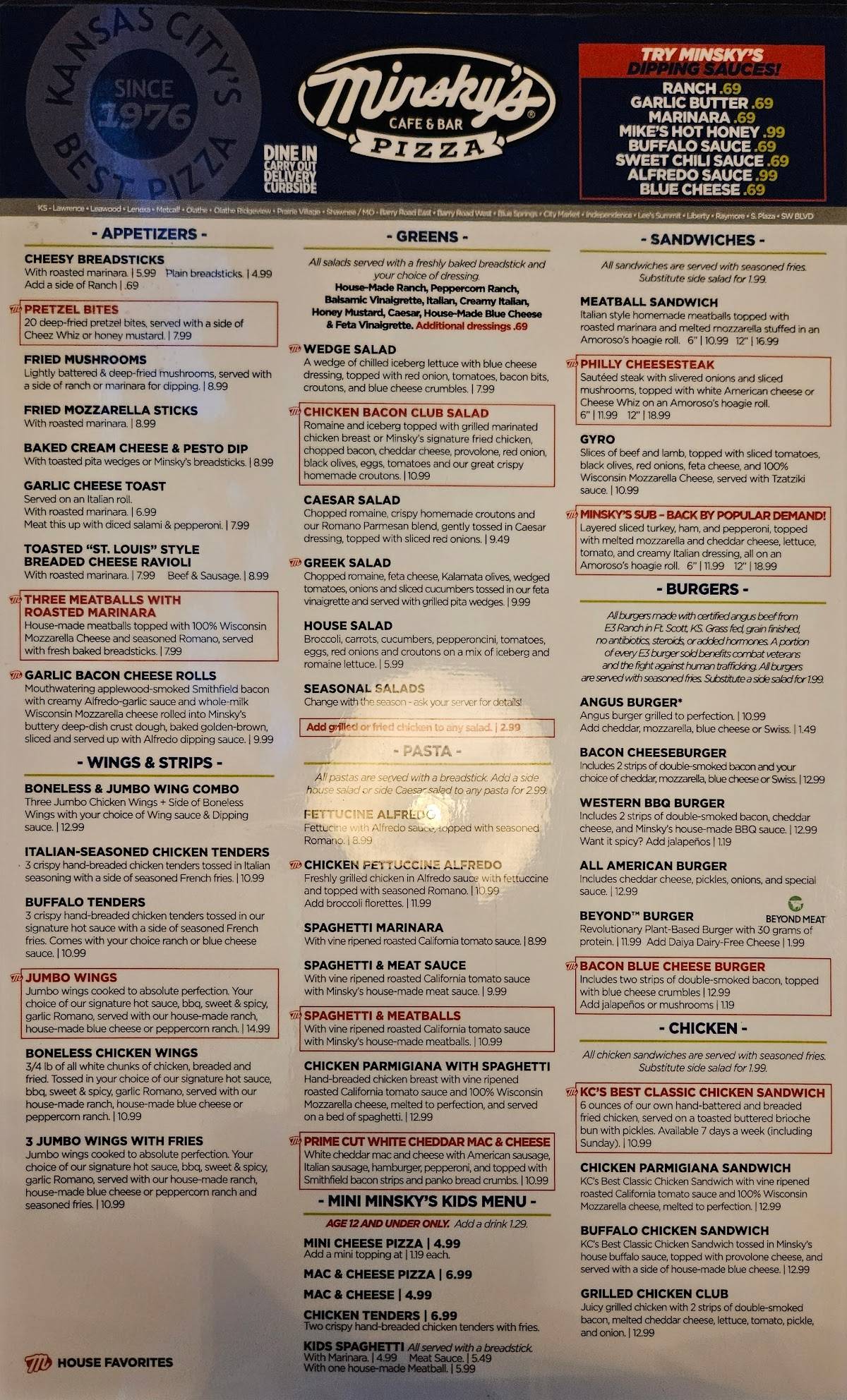 Menu at Minsky's Pizza pizzeria, Olathe, S Ridgeview Rd