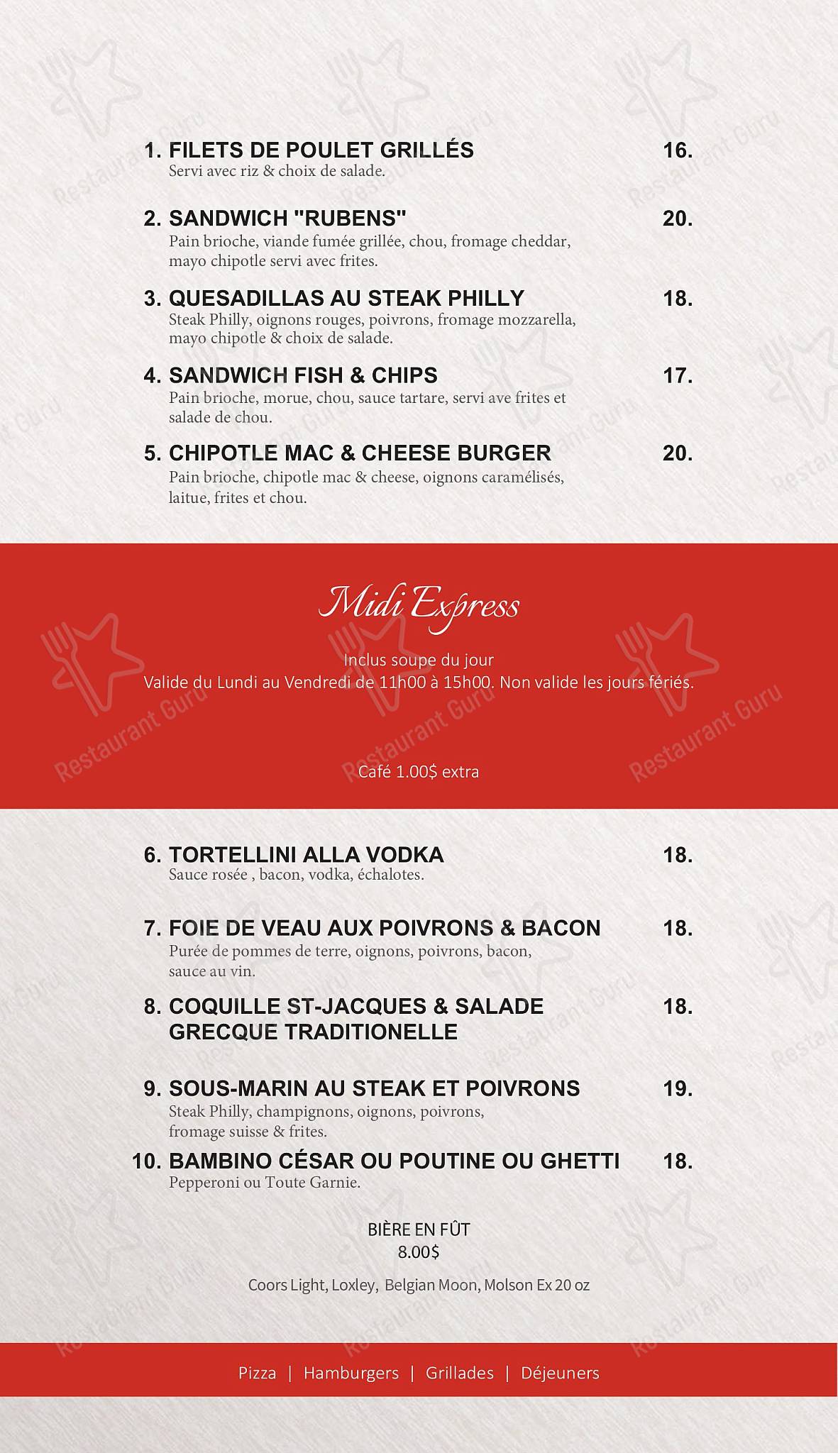 Menu au L'Étoile de Mirabel restaurant, Mirabel, Bd Curé-Labelle