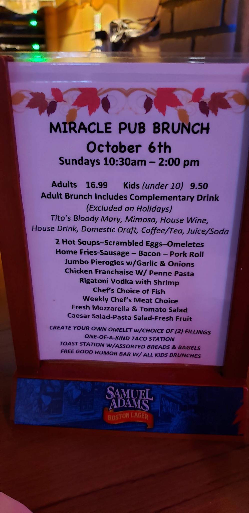Menu at Miracle Pub, Toms River