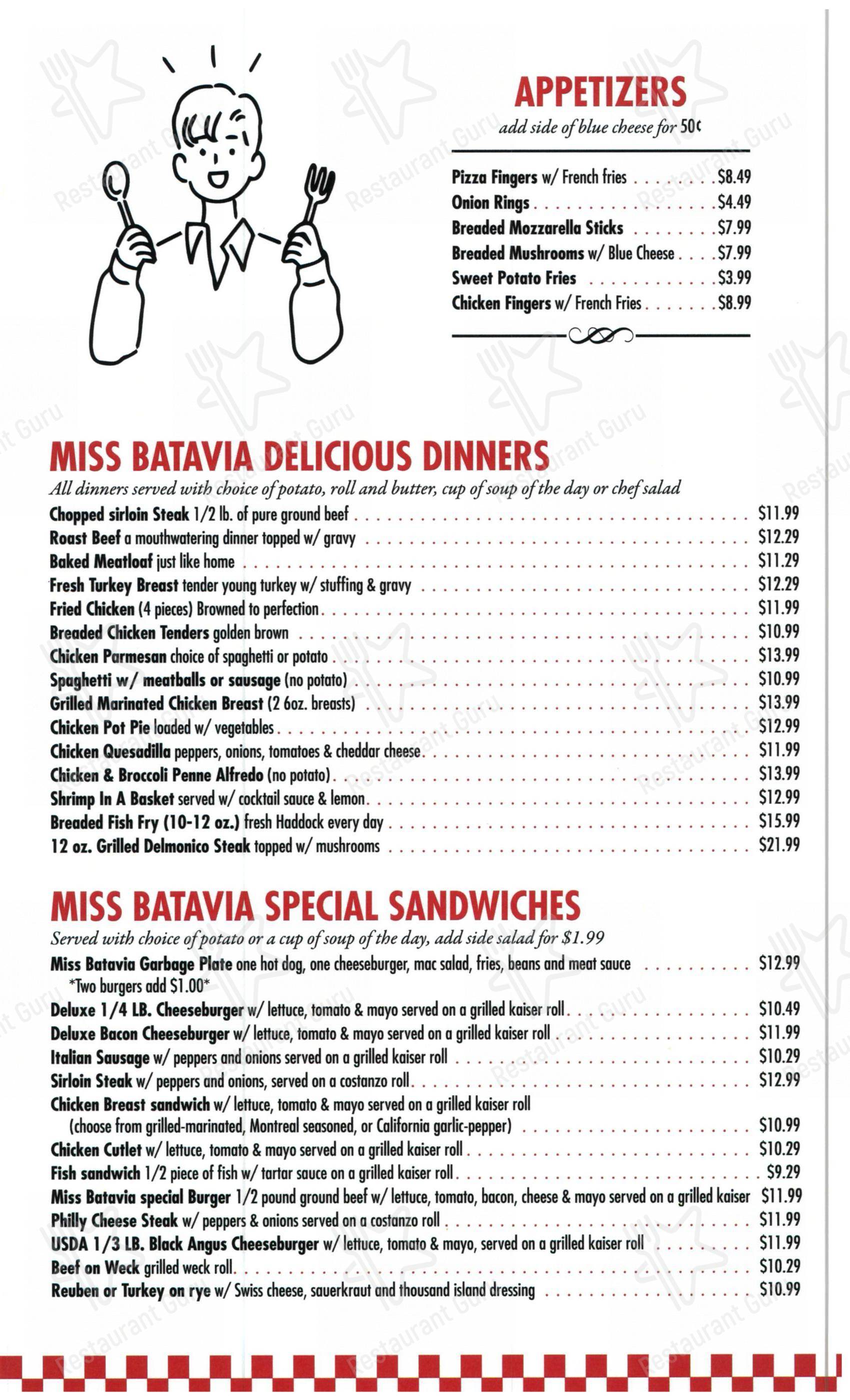 Menu at Miss Batavia Diner restaurant, Batavia