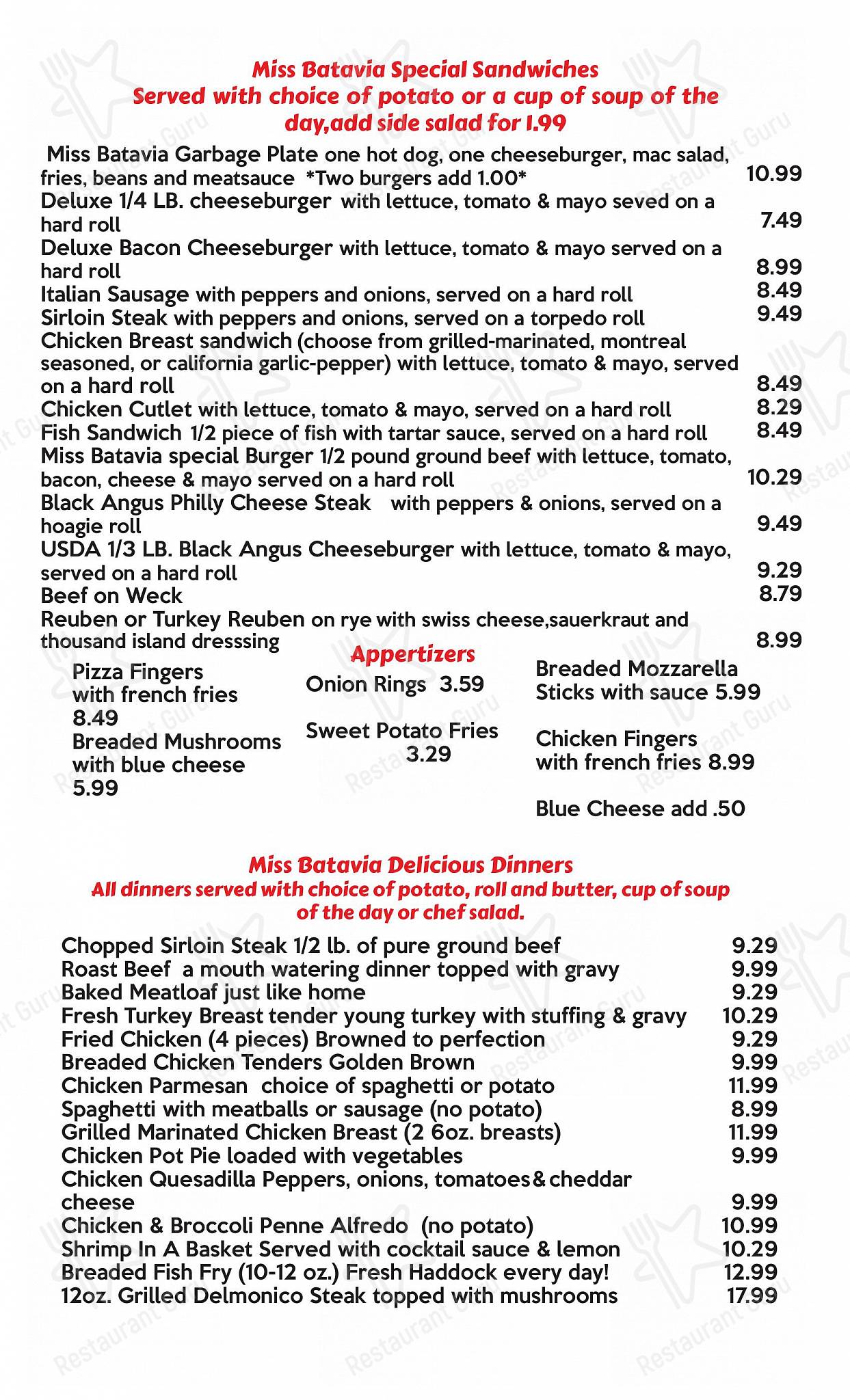 Menu at Miss Batavia Diner restaurant, Batavia