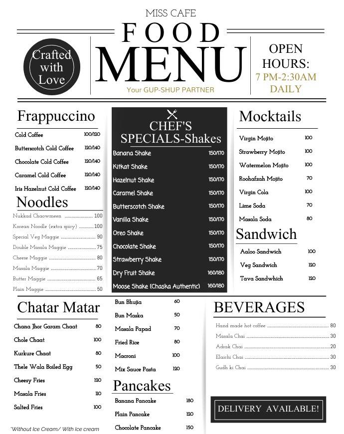 Menu at Miss Cafe, Noida