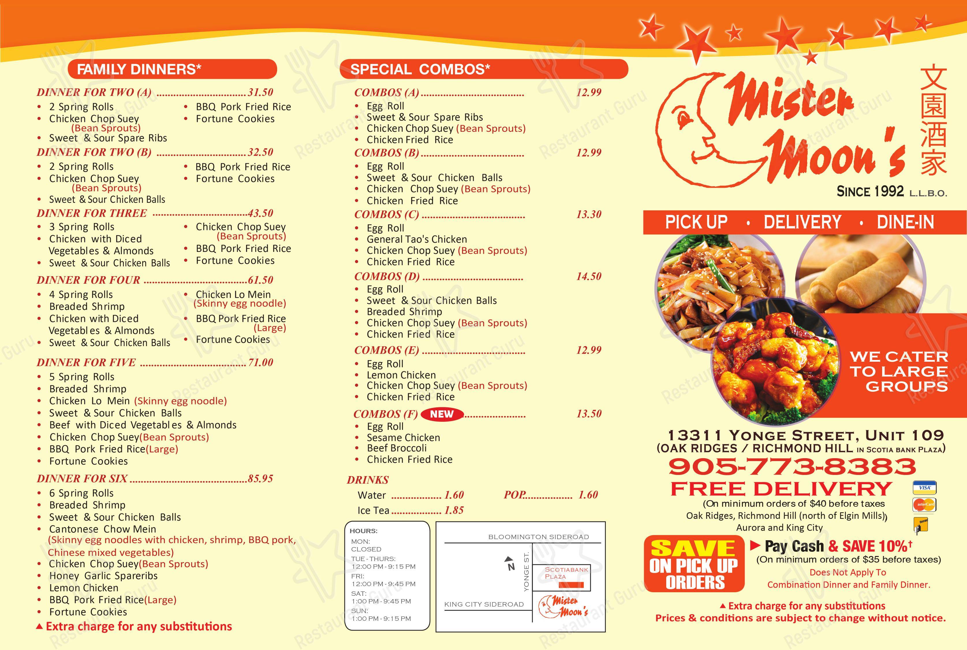 Menu at Mister Moon's Chinese Food restaurant, Richmond Hill