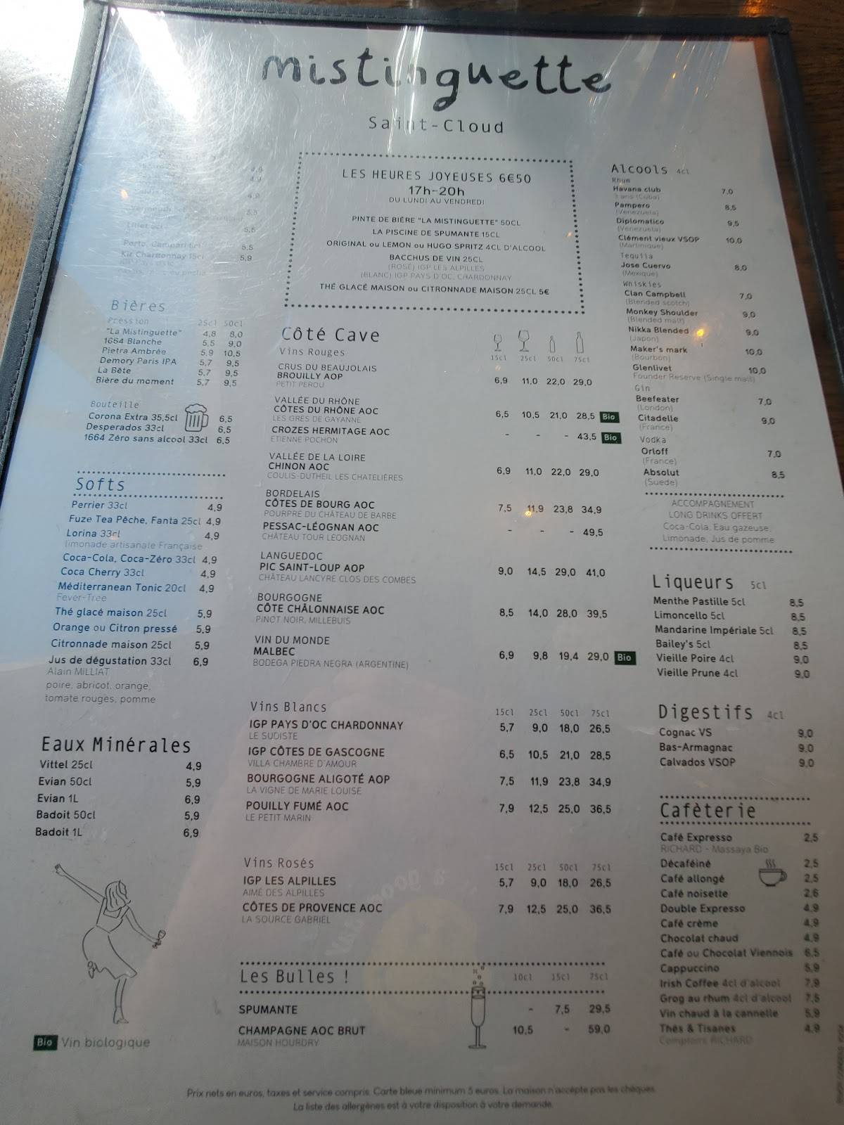 Menu au Mistinguette Saint Cloud pub et bar, Saint-Cloud