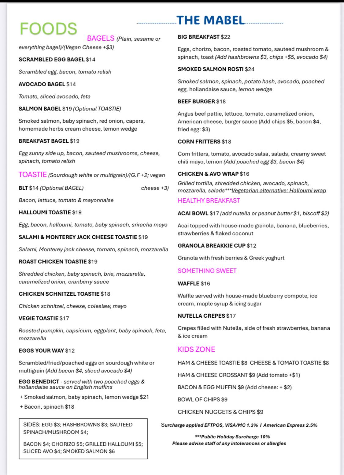 Menu at The Mabel cafe, Mitcham