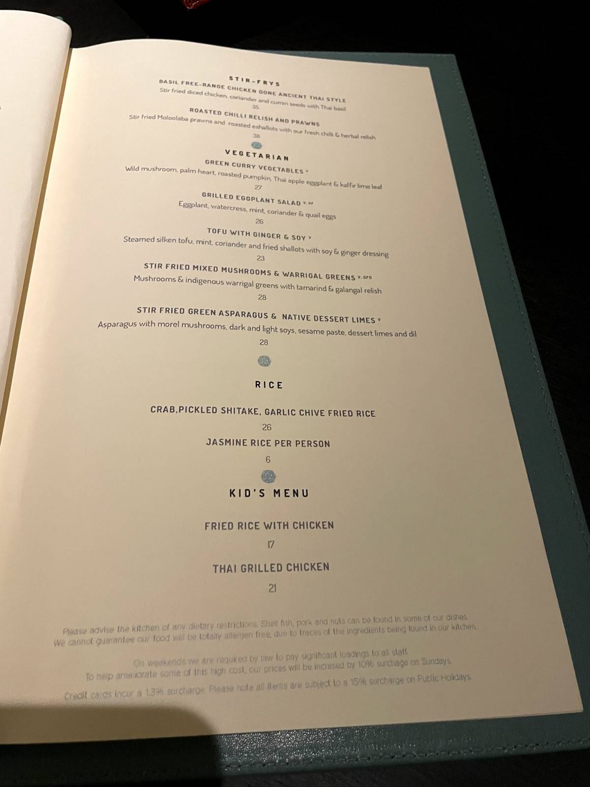 Menu at Paste Australia restaurant, Mittagong