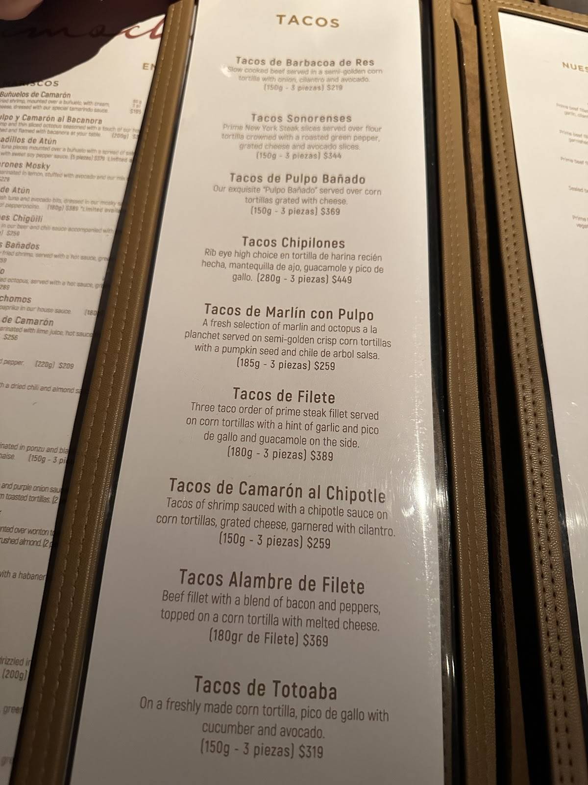 Menu at Mochomos Tijuana restaurant, Tijuana, Blvd. Agua Caliente 10223
