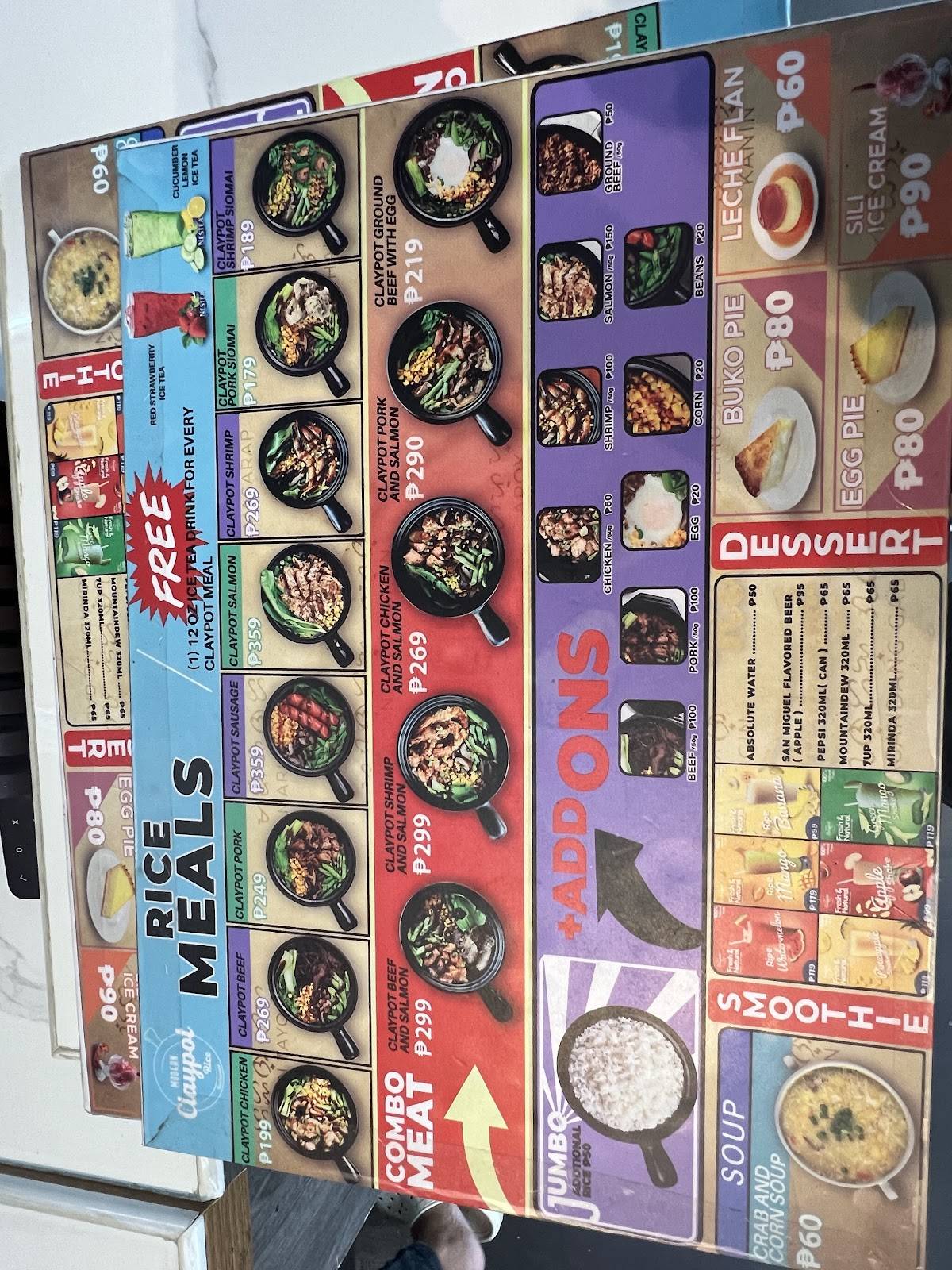 Menu at Claypot Rice restaurant, Pasig