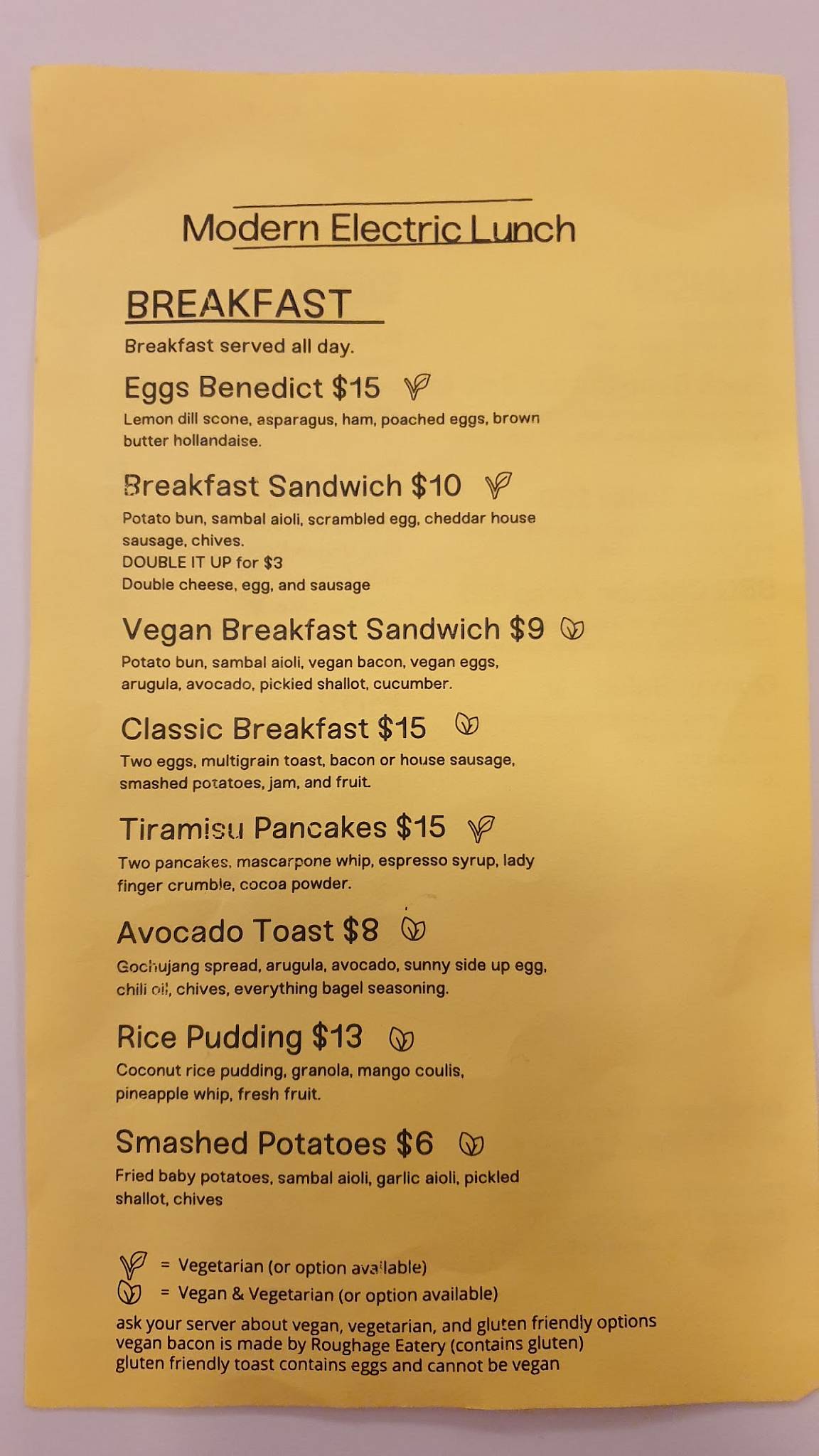 Menu au Modern Electric Lunch café, Winnipeg