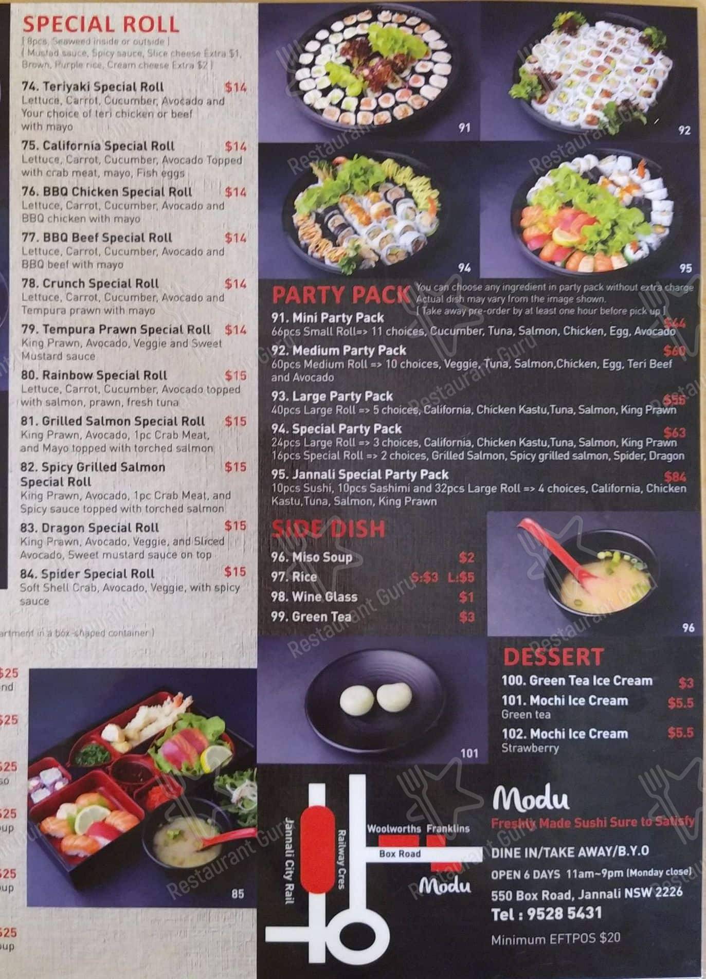 Menu at Modu Sushi restaurant, Jannali