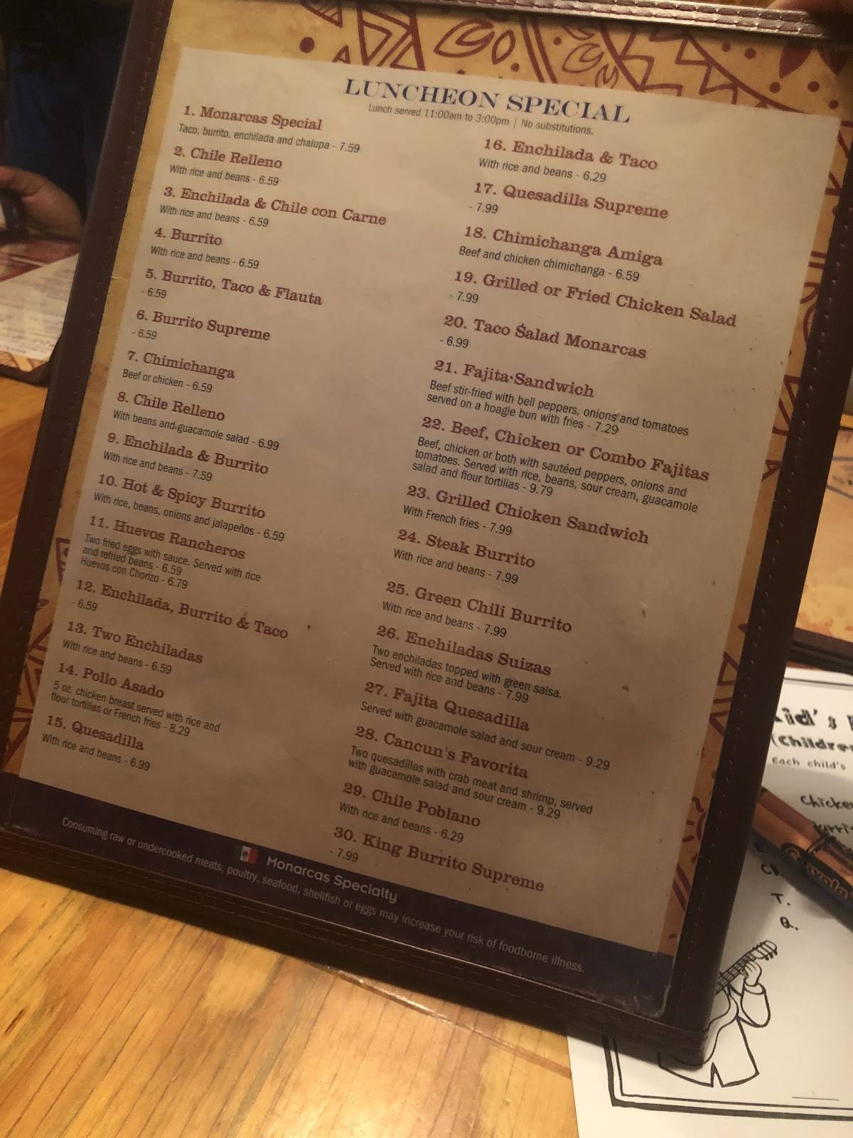 Menu at Monarcas Mexican Restaurant, Troy