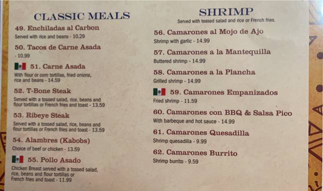 Menu at Monarcas Mexican Restaurant, Troy