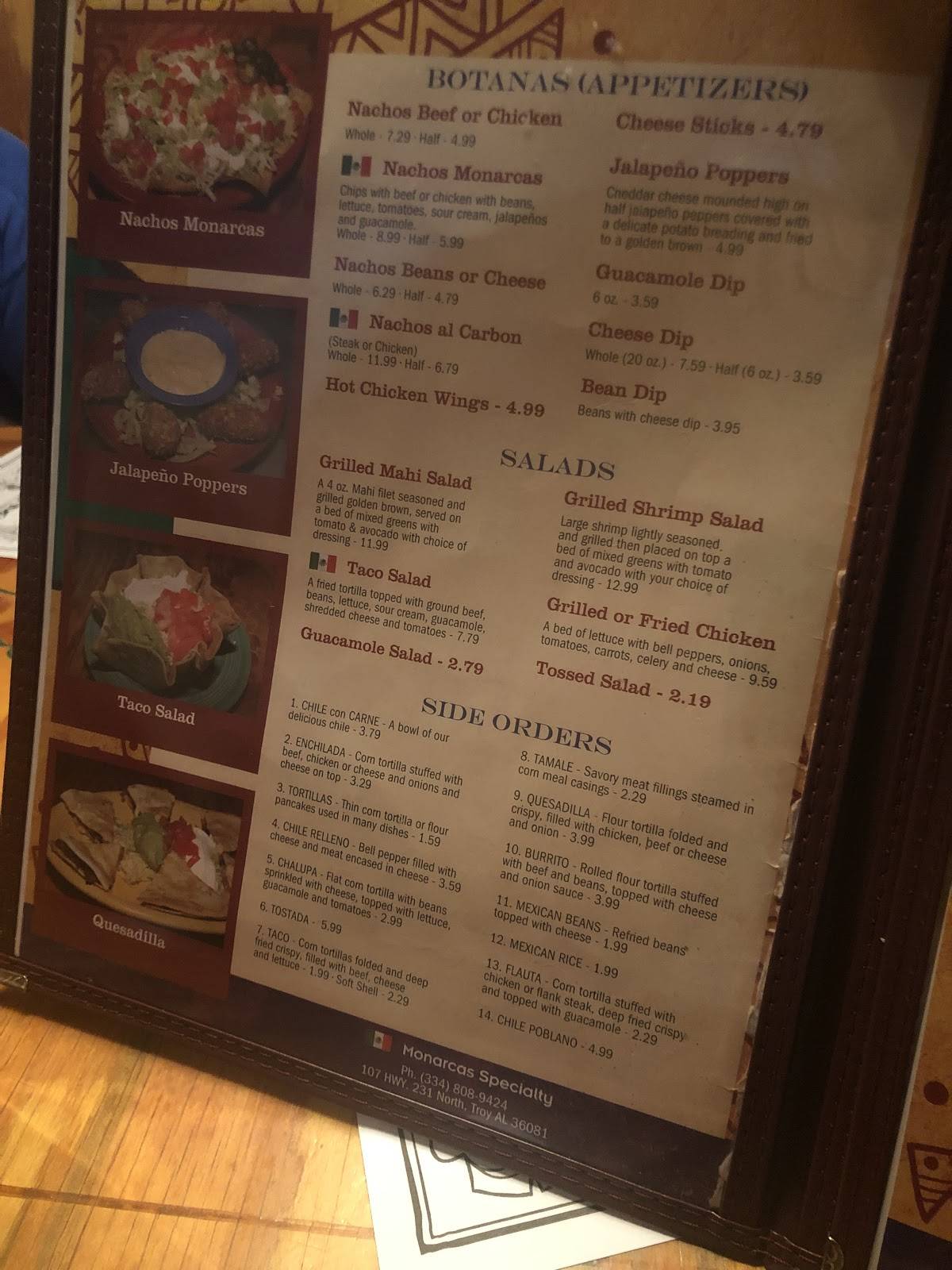 Menu at Monarcas Mexican Restaurant, Troy