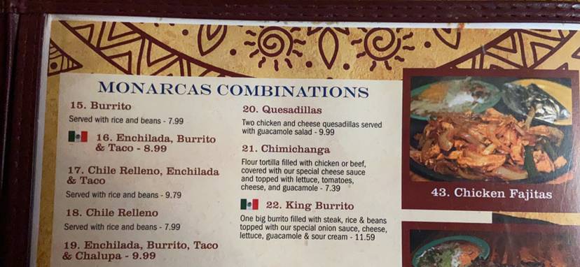 Menu at Monarcas Mexican Restaurant, Troy