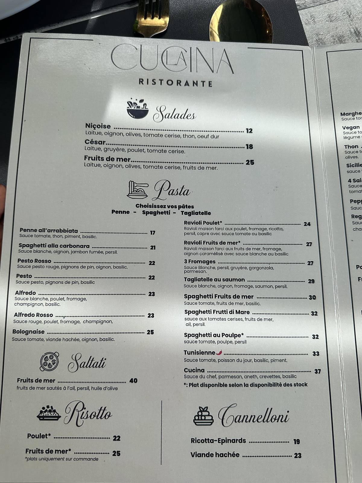 Menu au La Cucina restaurant, Monastir