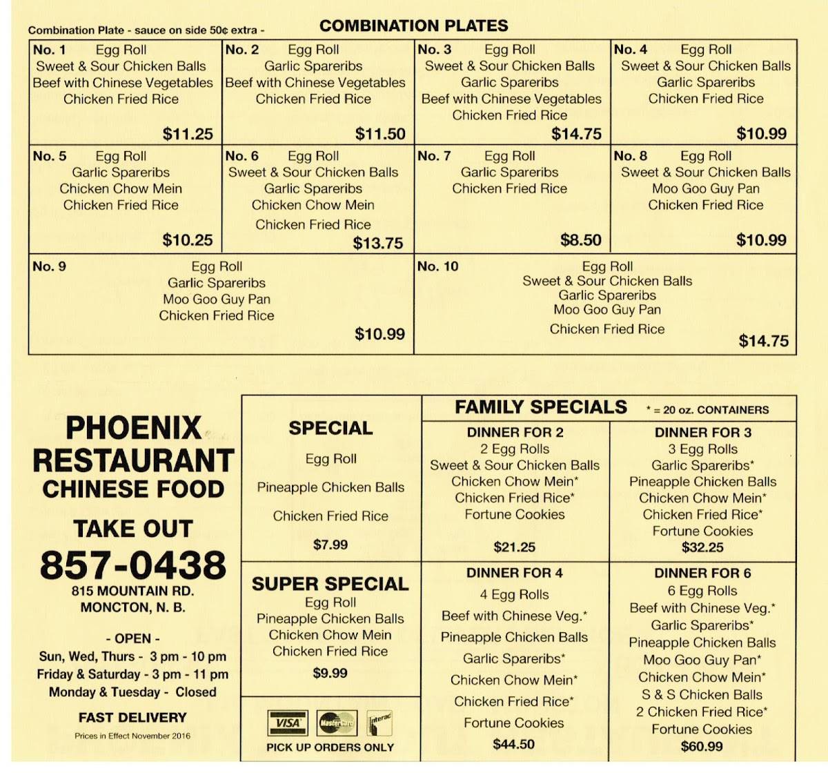 Menu at Phoenix Restaurant, Moncton