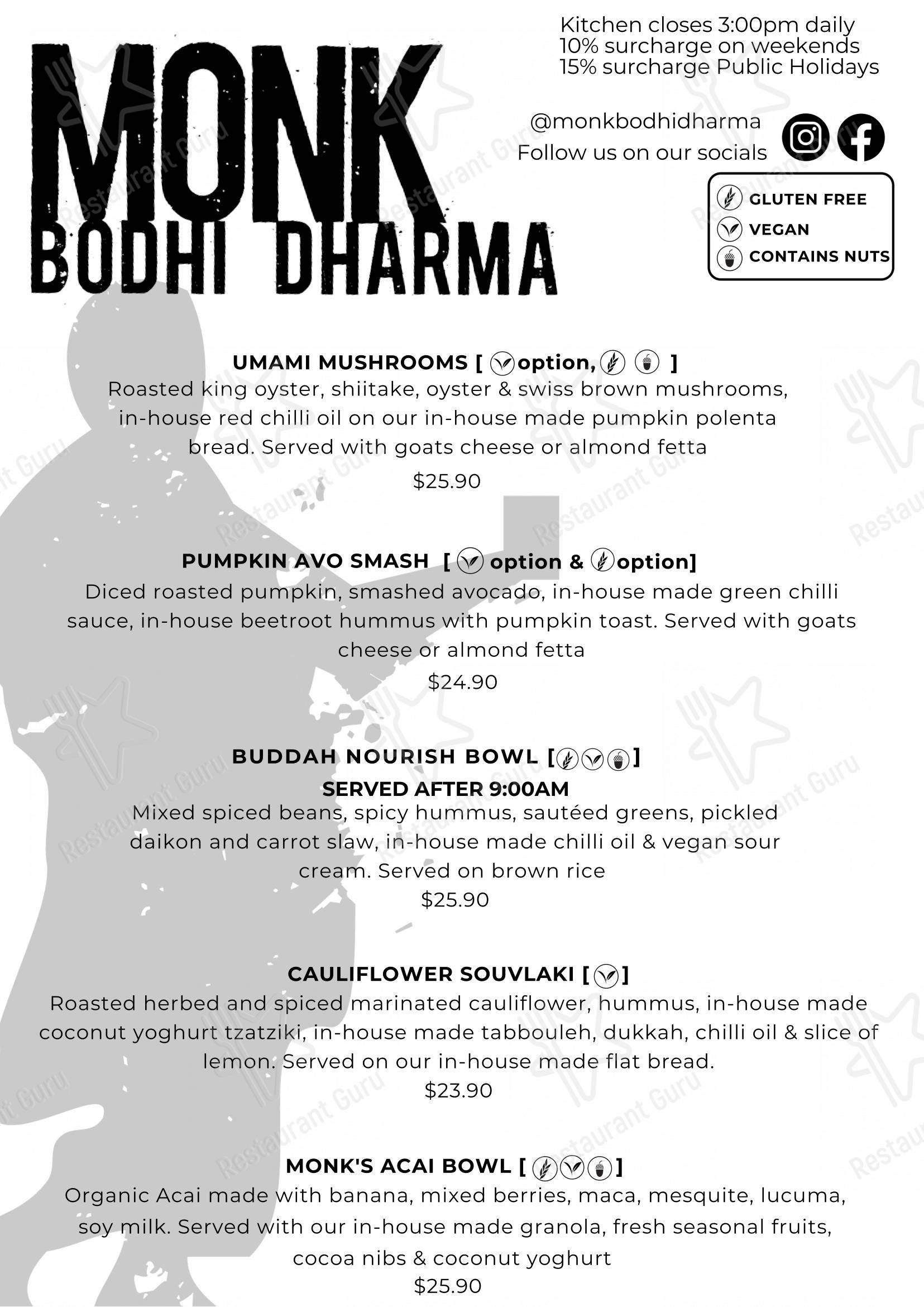 Menu at Monk Bodhi Dharma restaurant, Balaclava