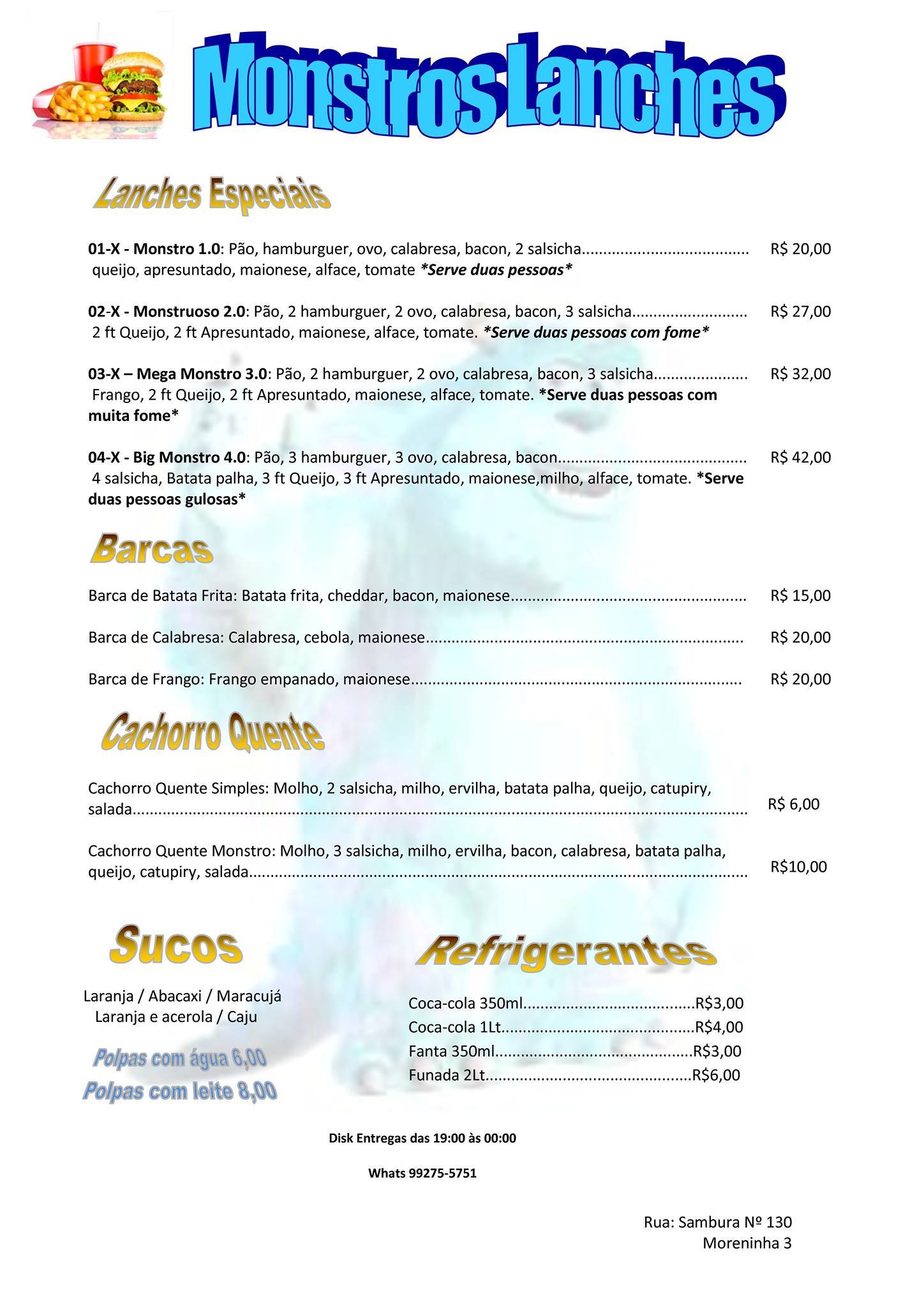 Carta del pub y bar Monstros Lanches, Campo Grande
