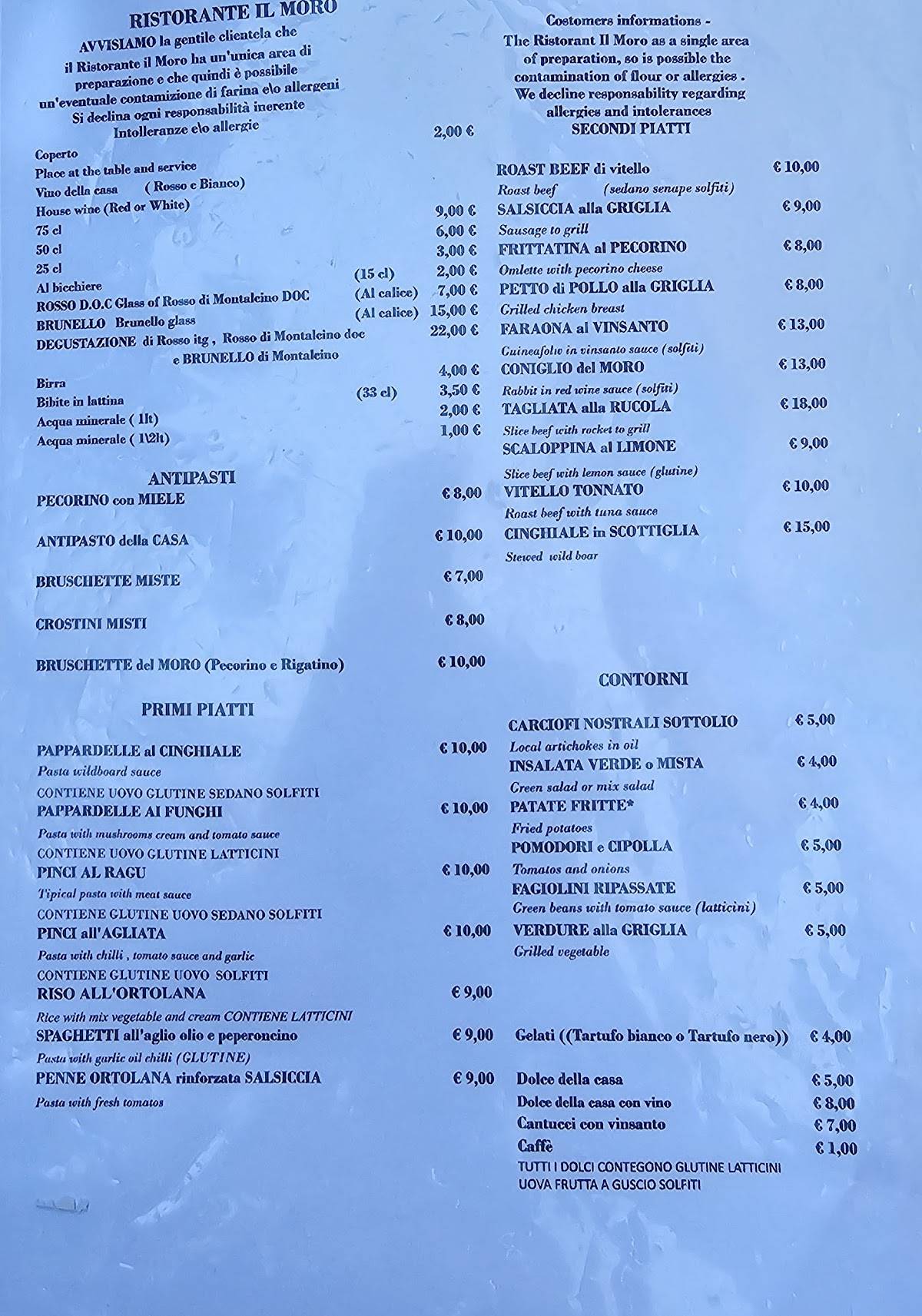 Il Moro Restaurant Menu