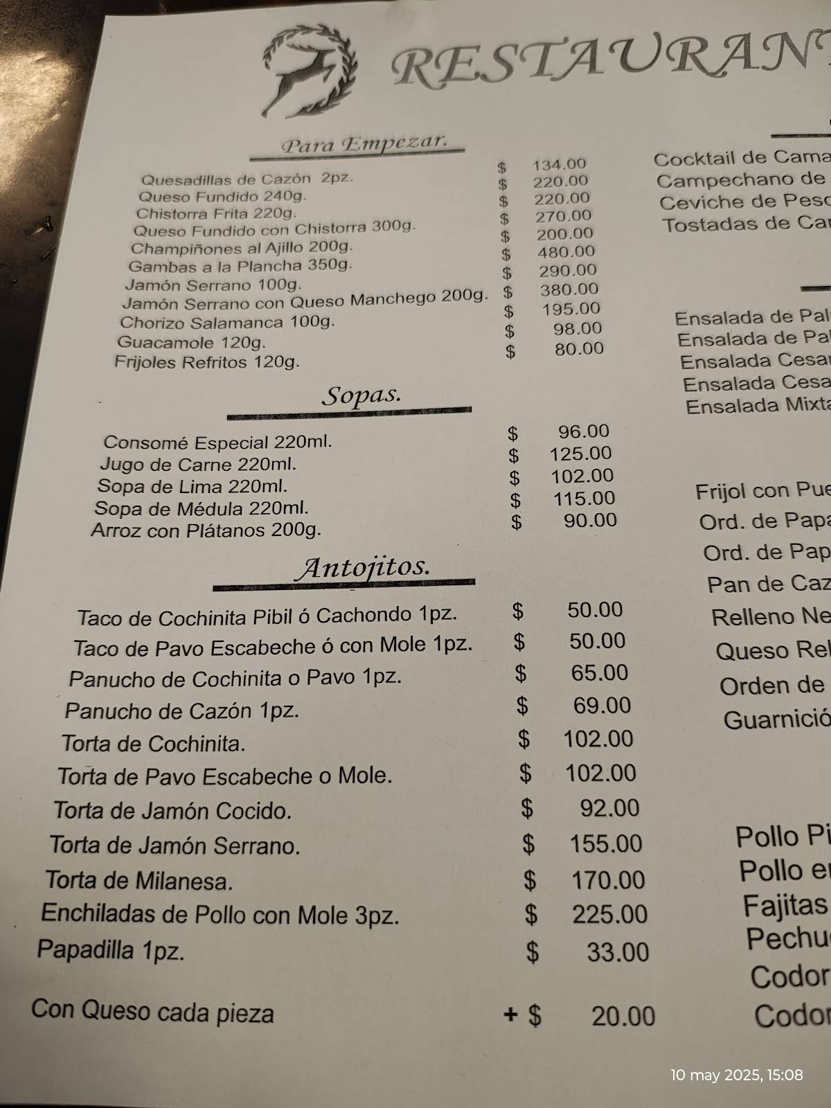 Carta del pub y bar Montejo, Ciudad del México, Av. Benjamín Franklin 261-A