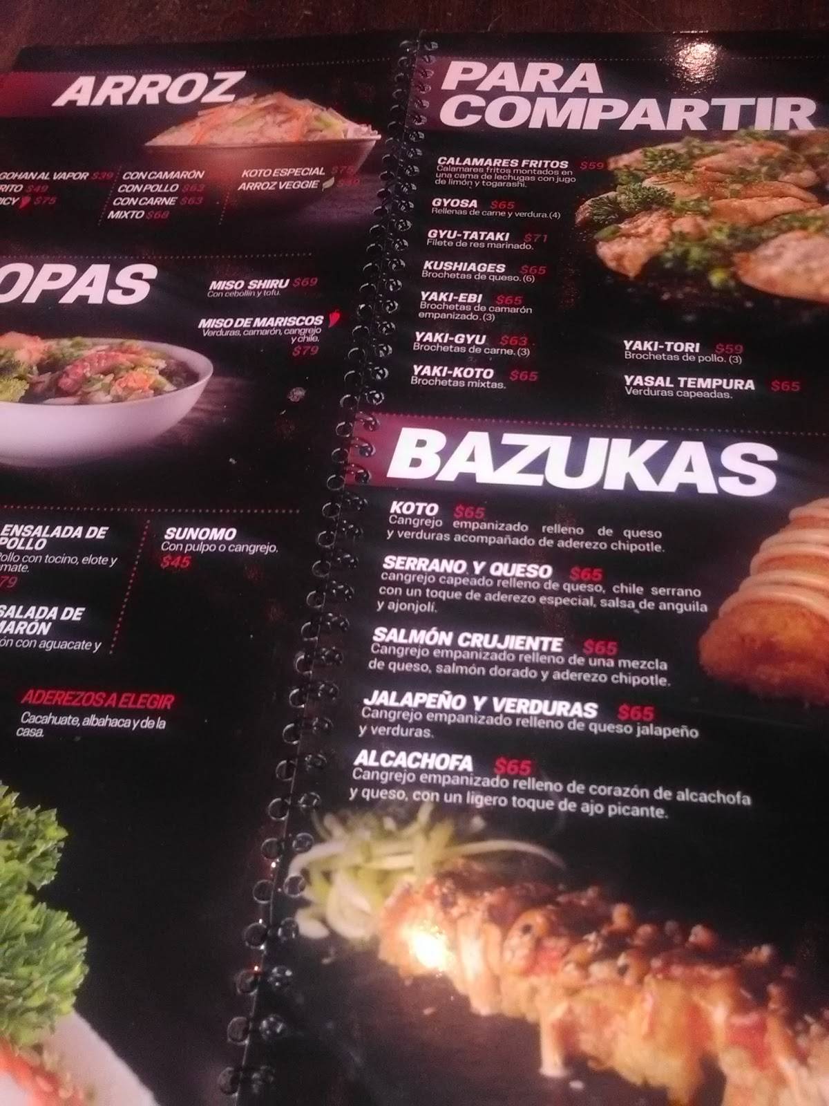 Carta de Koto sushi bar Revolución, Monterrey, Av. Revolución 3803