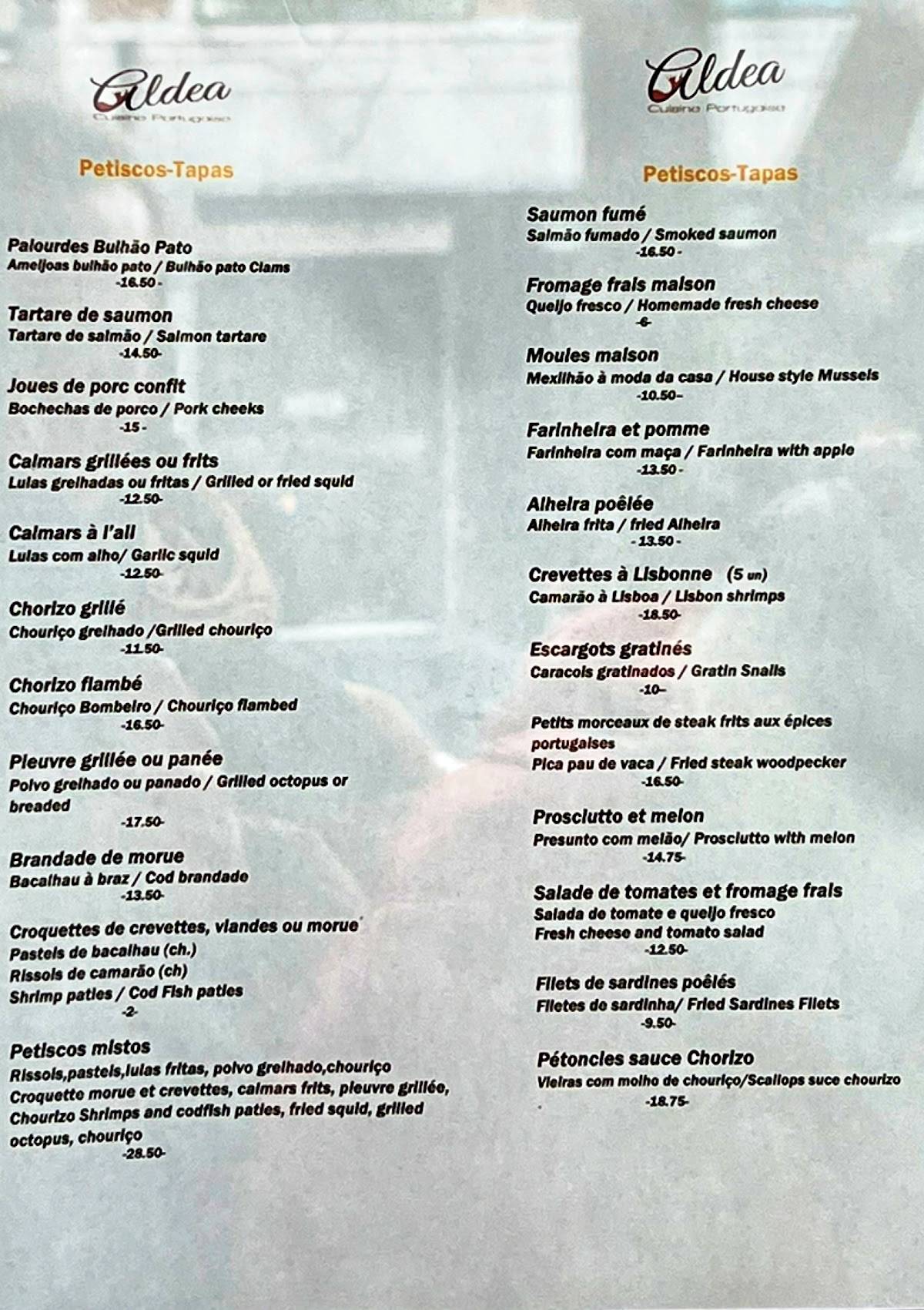 Menu at Aldea restaurant, Montréal
