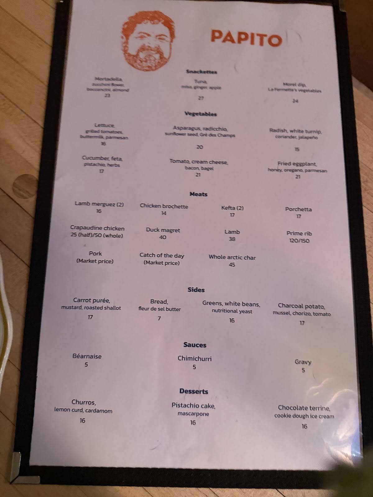 Menu au Papito Restaurant, Montréal