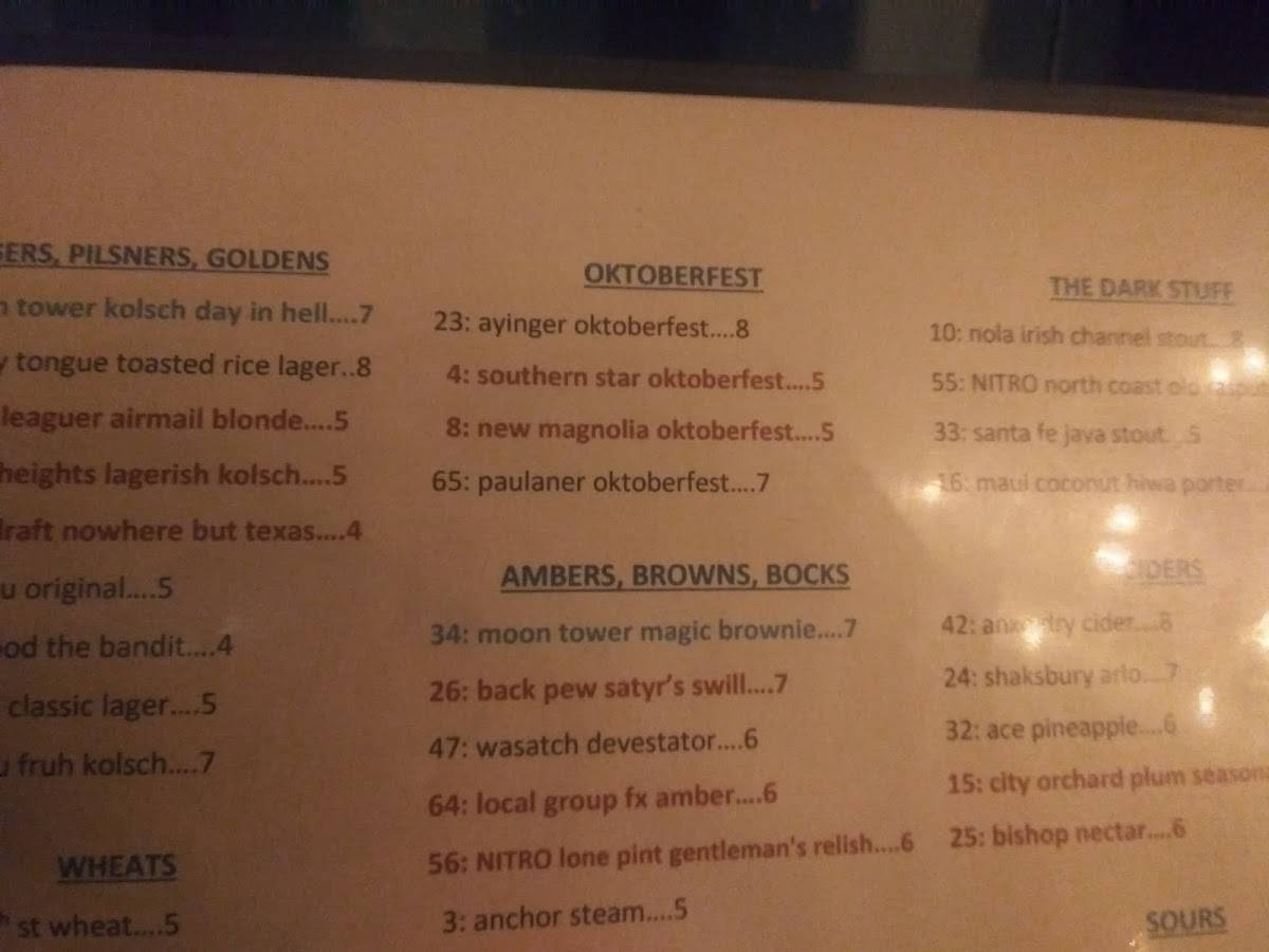 Menu at Moon Tower Inn pub & bar, Houston, Canal St