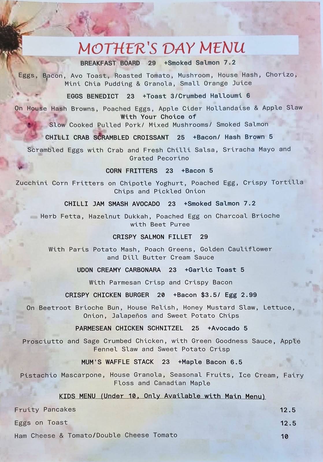 Menu at Moon and Back cafe, South Morang