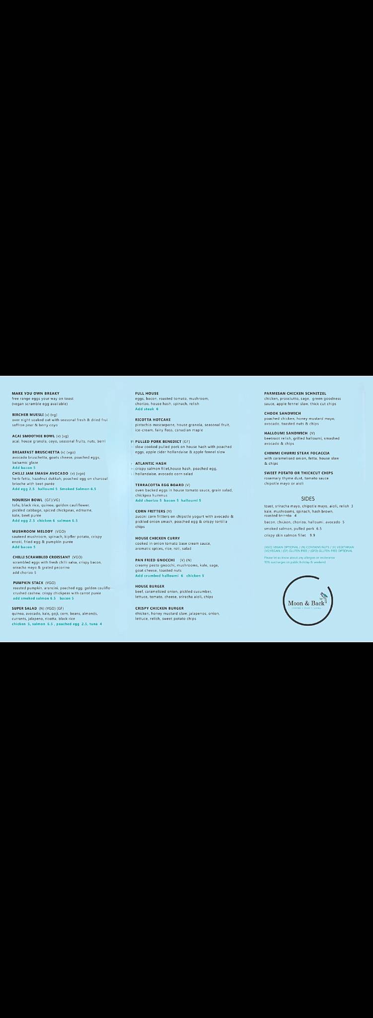Menu at Moon and Back cafe, South Morang