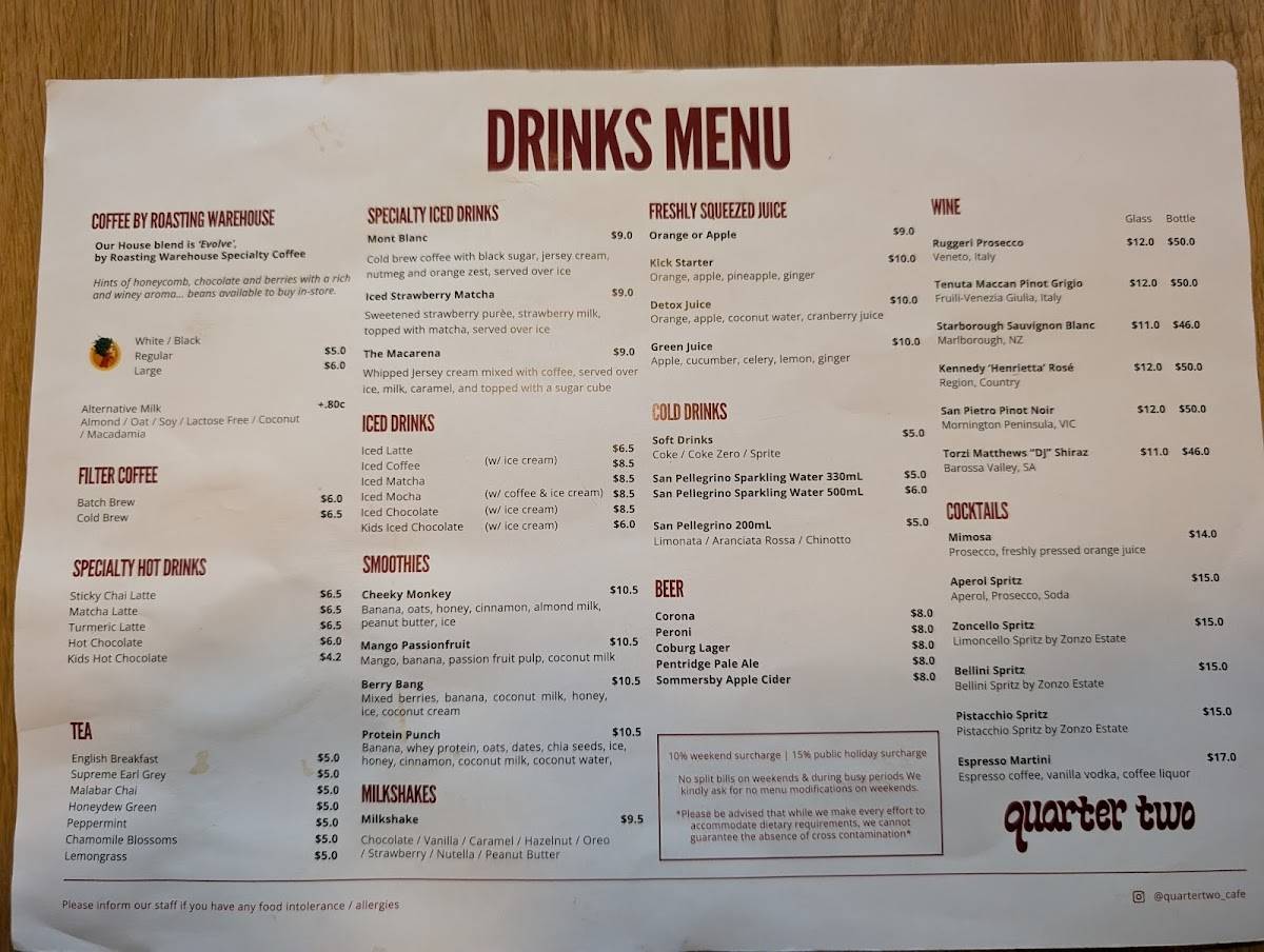 Menu at Quarter Two Cafe, Moonee Ponds