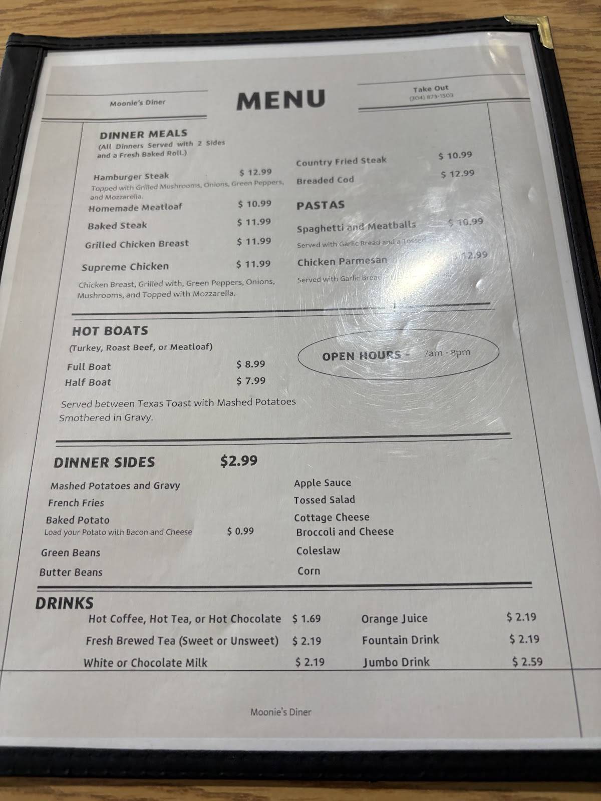 Menu at Moonie's restaurant, West Union