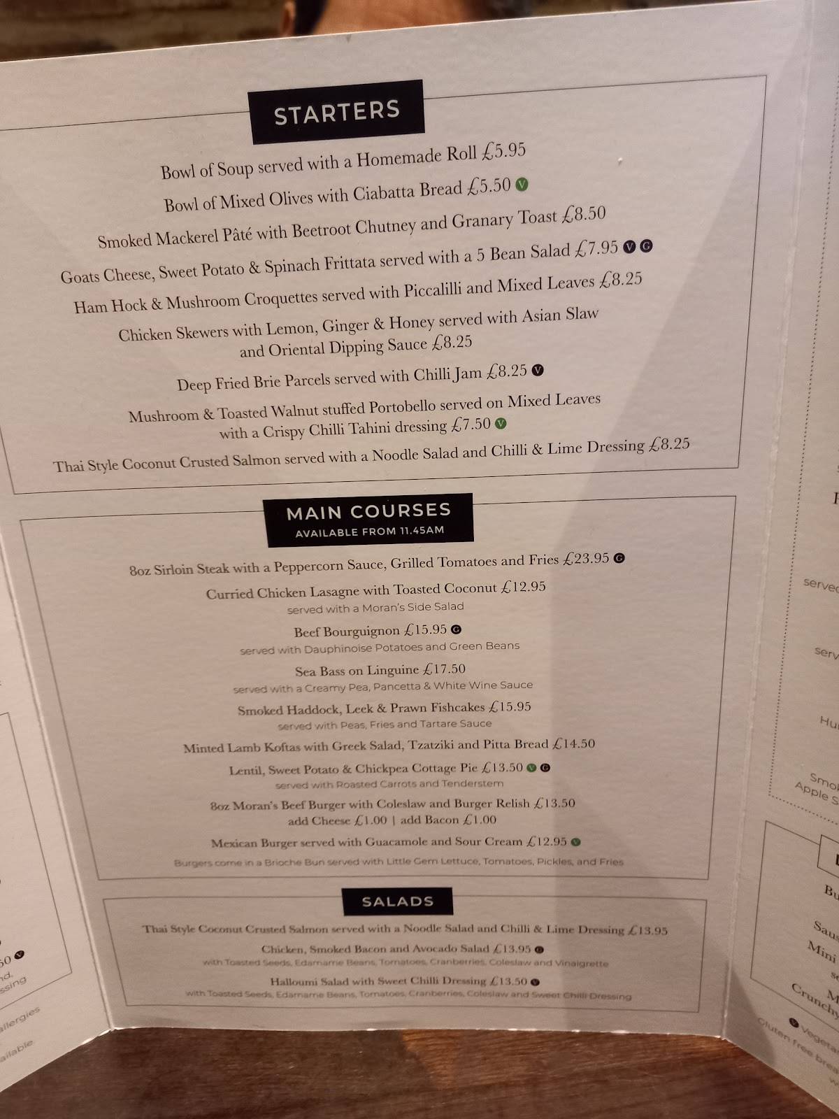Menu at Moran's Eating House restaurant, Cheltenham